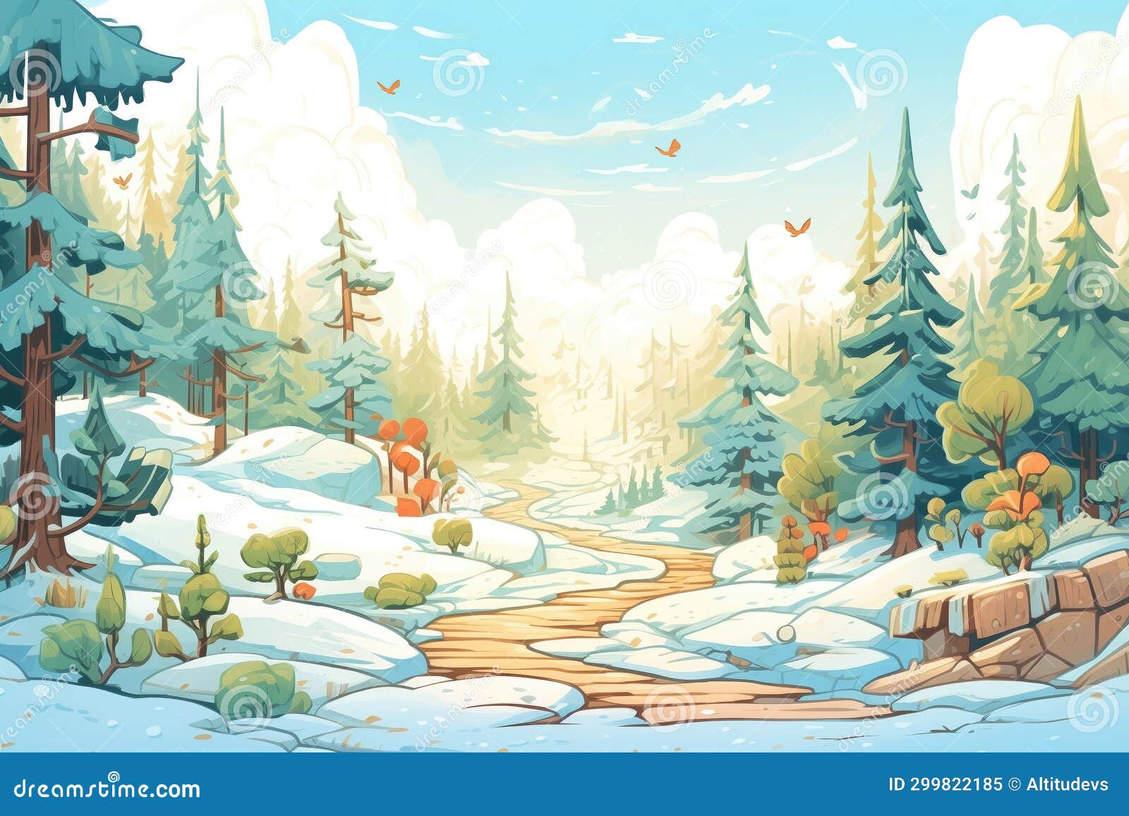 Snowy Evergreen Forest with a Path through Stock Image - Image of ...