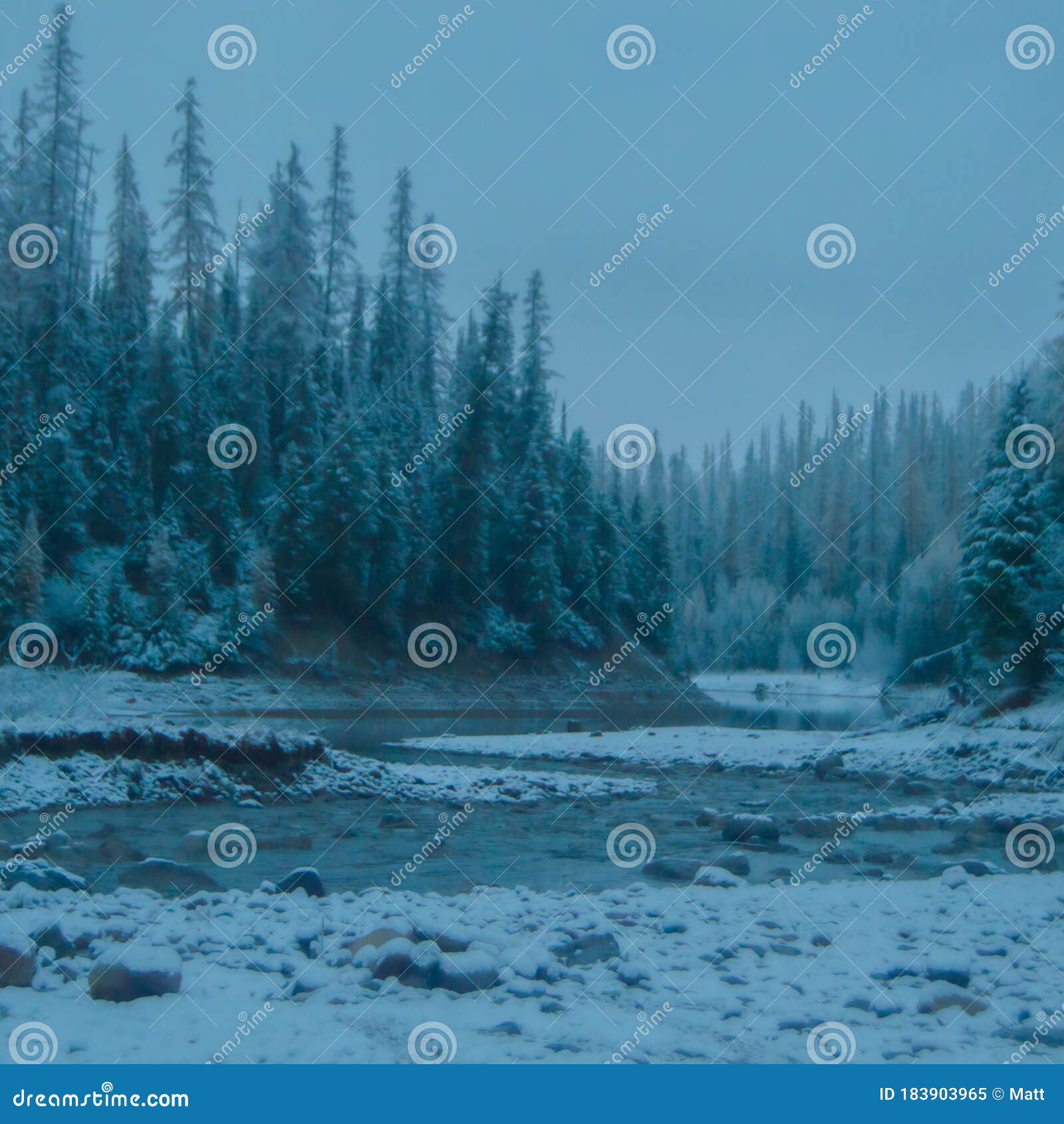 Snowy fall over the stream stock image. Image of forest - 183903965