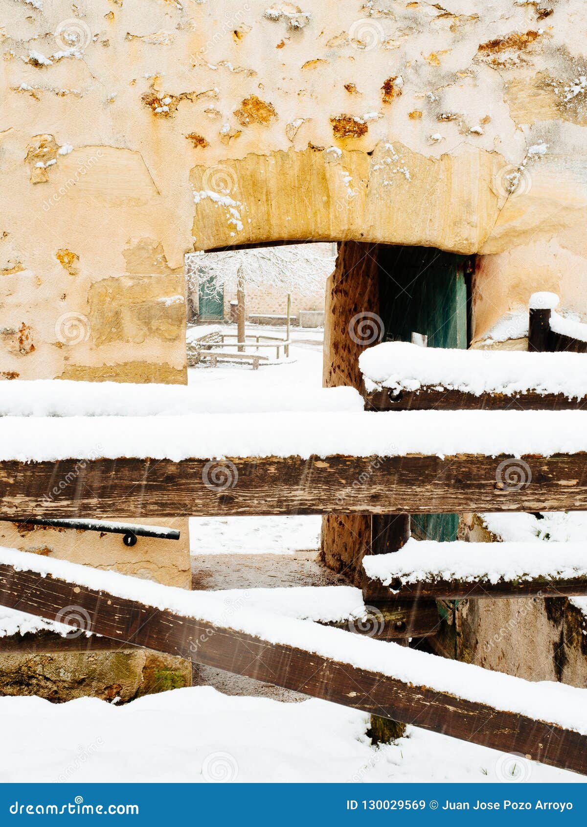 Snowy farm entrance stock image. Image of landscape - 130029569