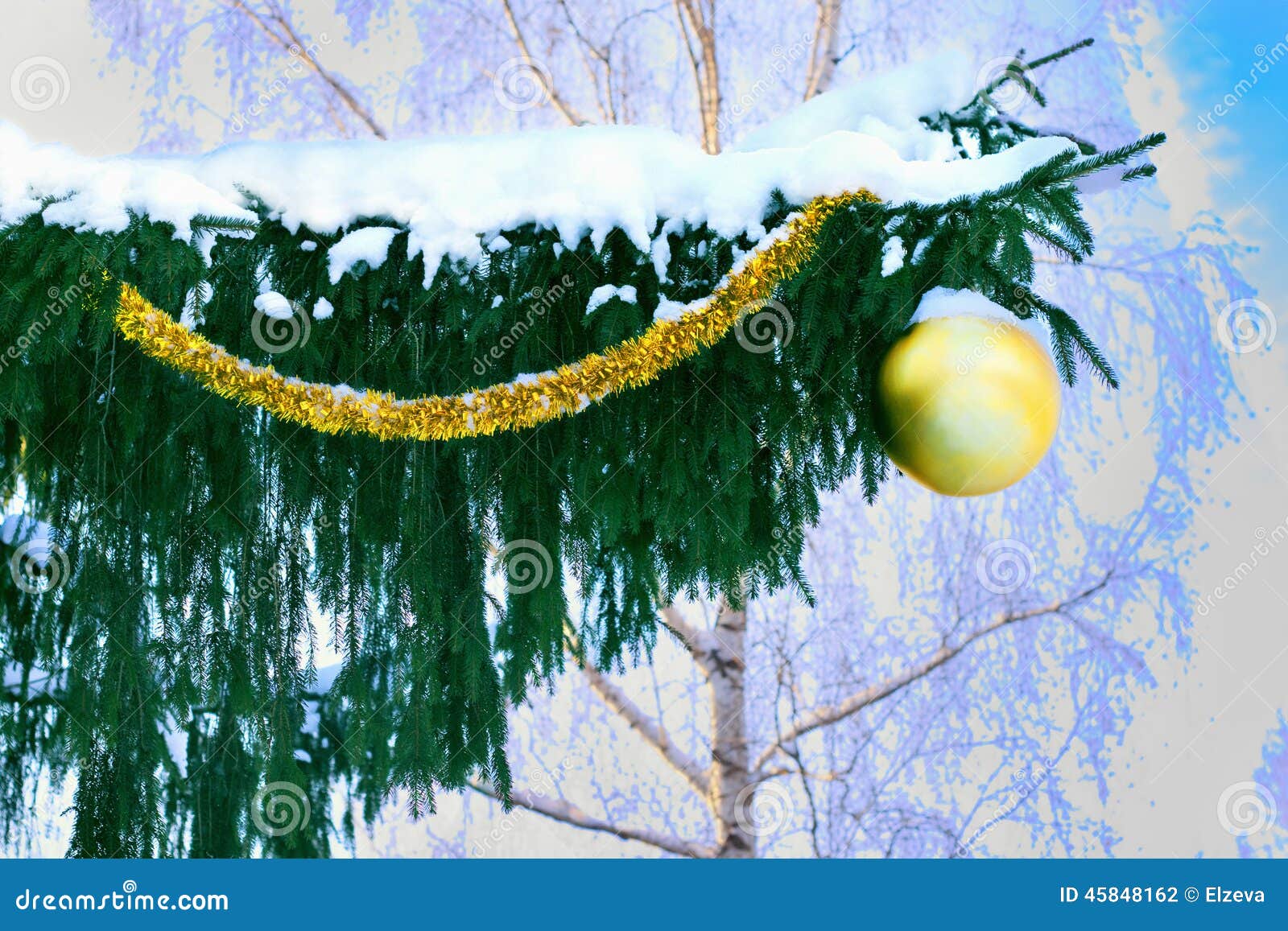 Snowy Fir-tree Decorated for Xmas Stock Photo - Image of needles ...
