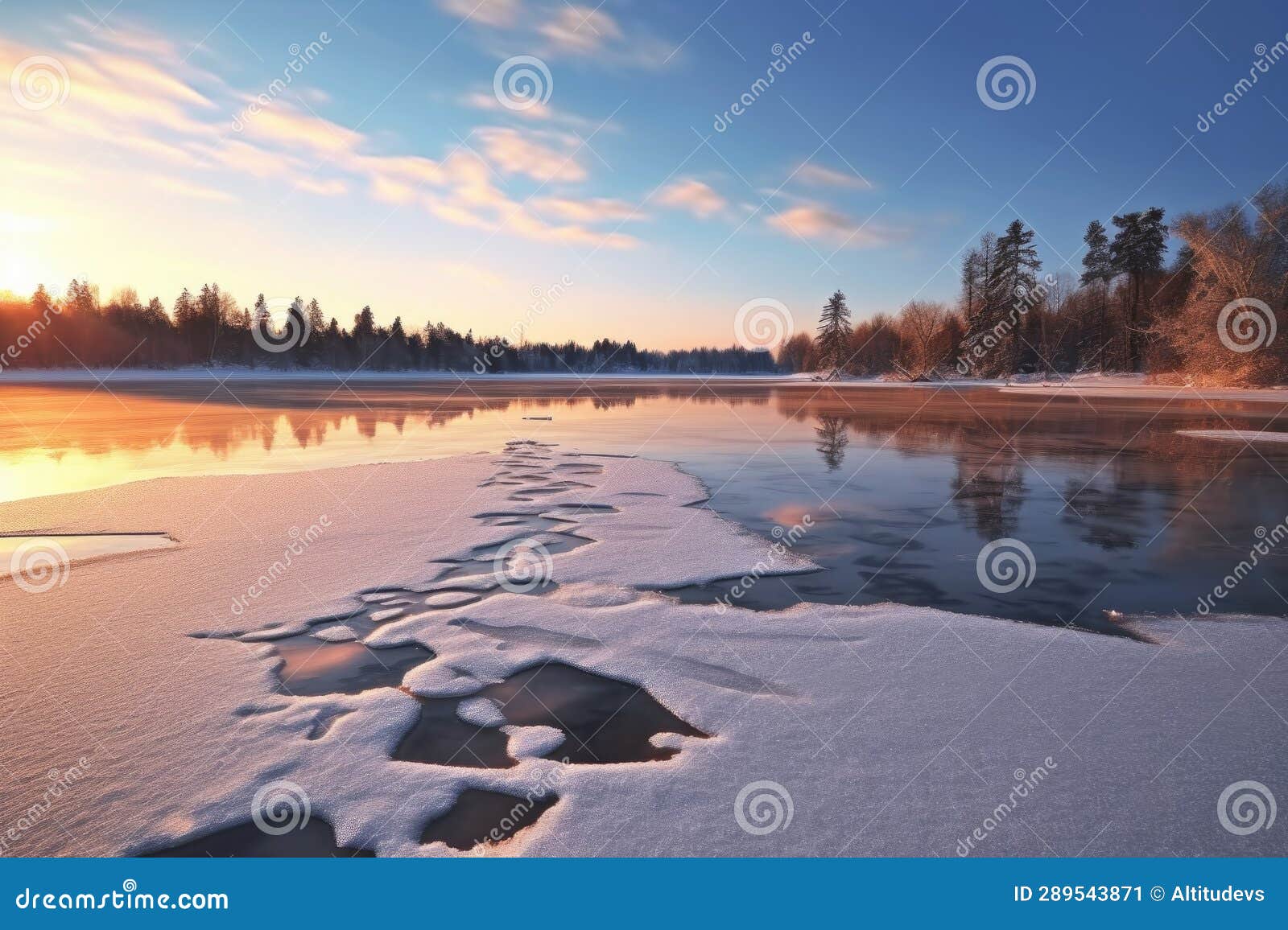 Snowy Footprints on a Frozen Lake Surface Stock Image - Image of snow ...