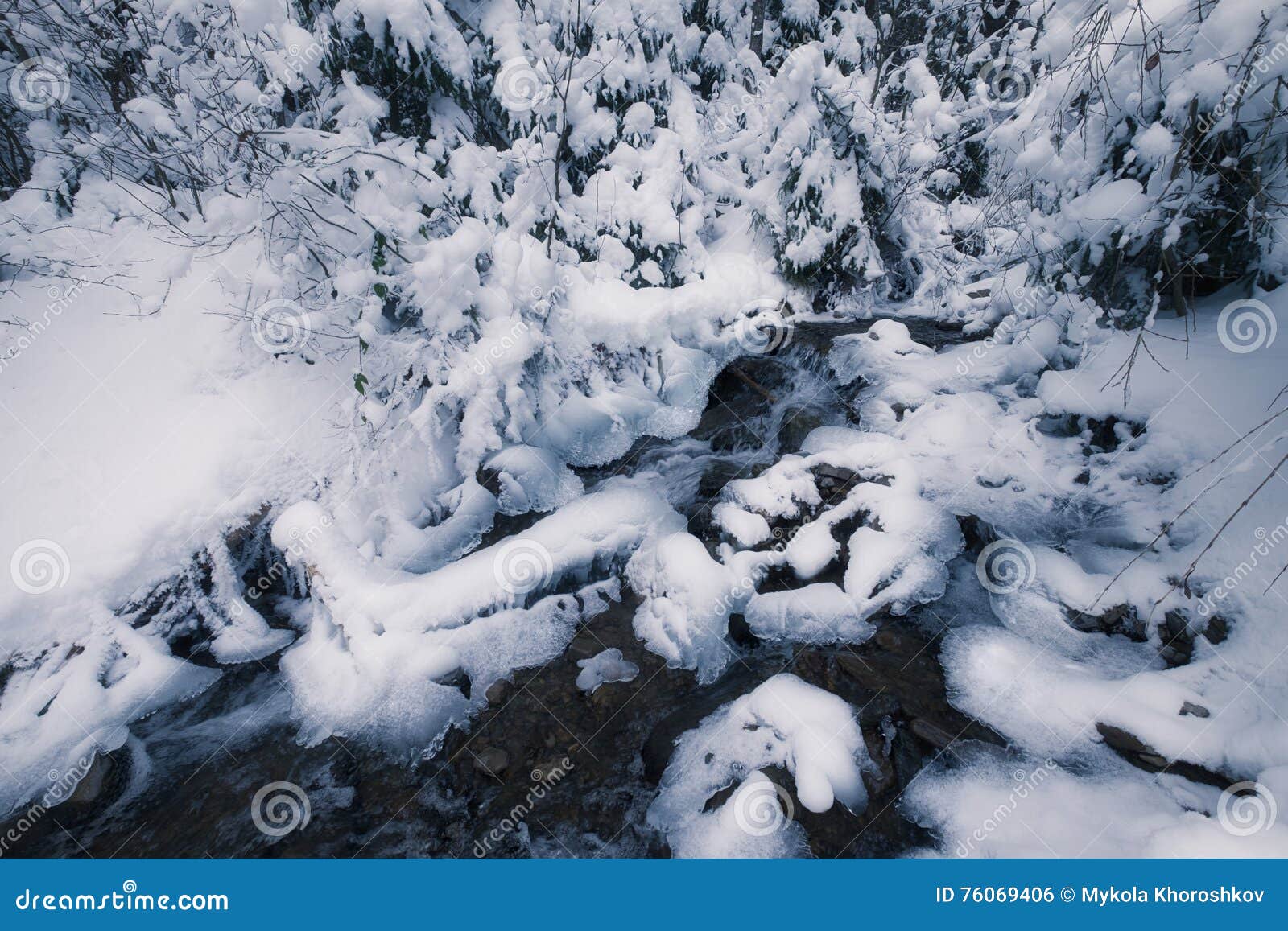 Snowy forest creek stock photo. Image of stream, water - 76069406