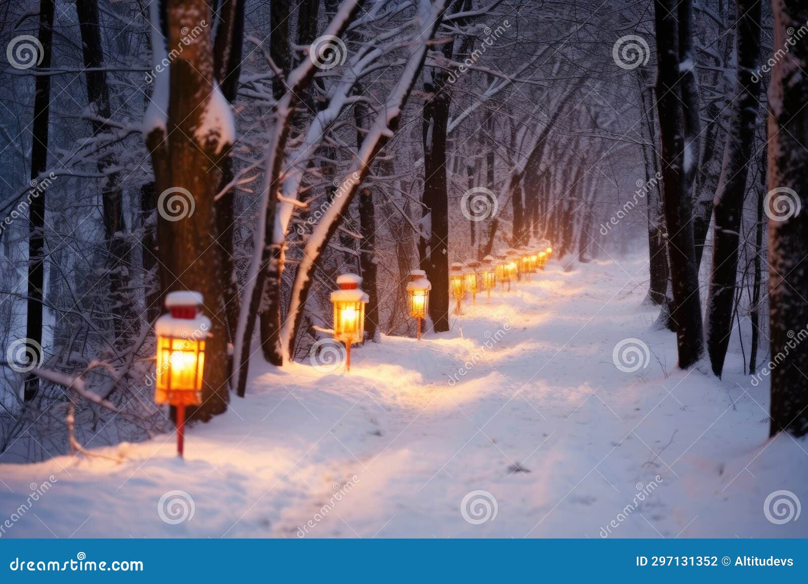 Snowy Forest Path with Lantern Lights Stock Photo - Image of snowy ...