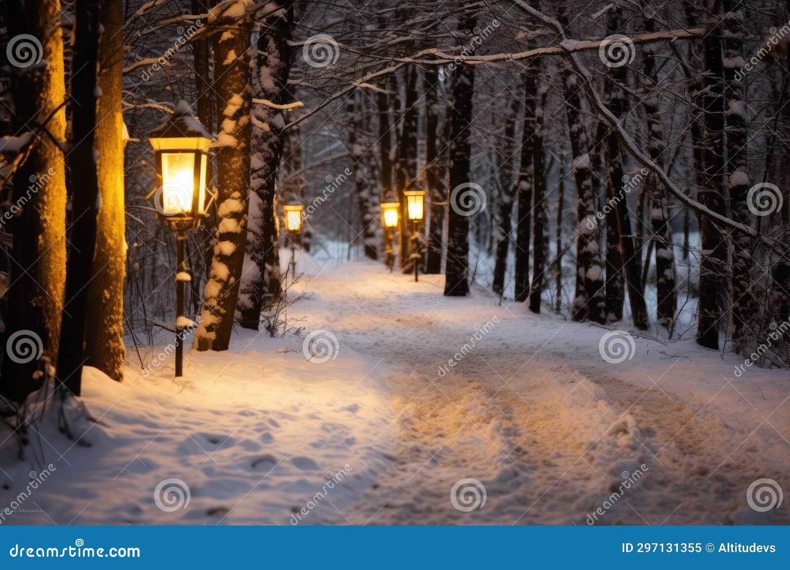 Snowy Forest Path with Lantern Lights Stock Image - Image of snowfall ...