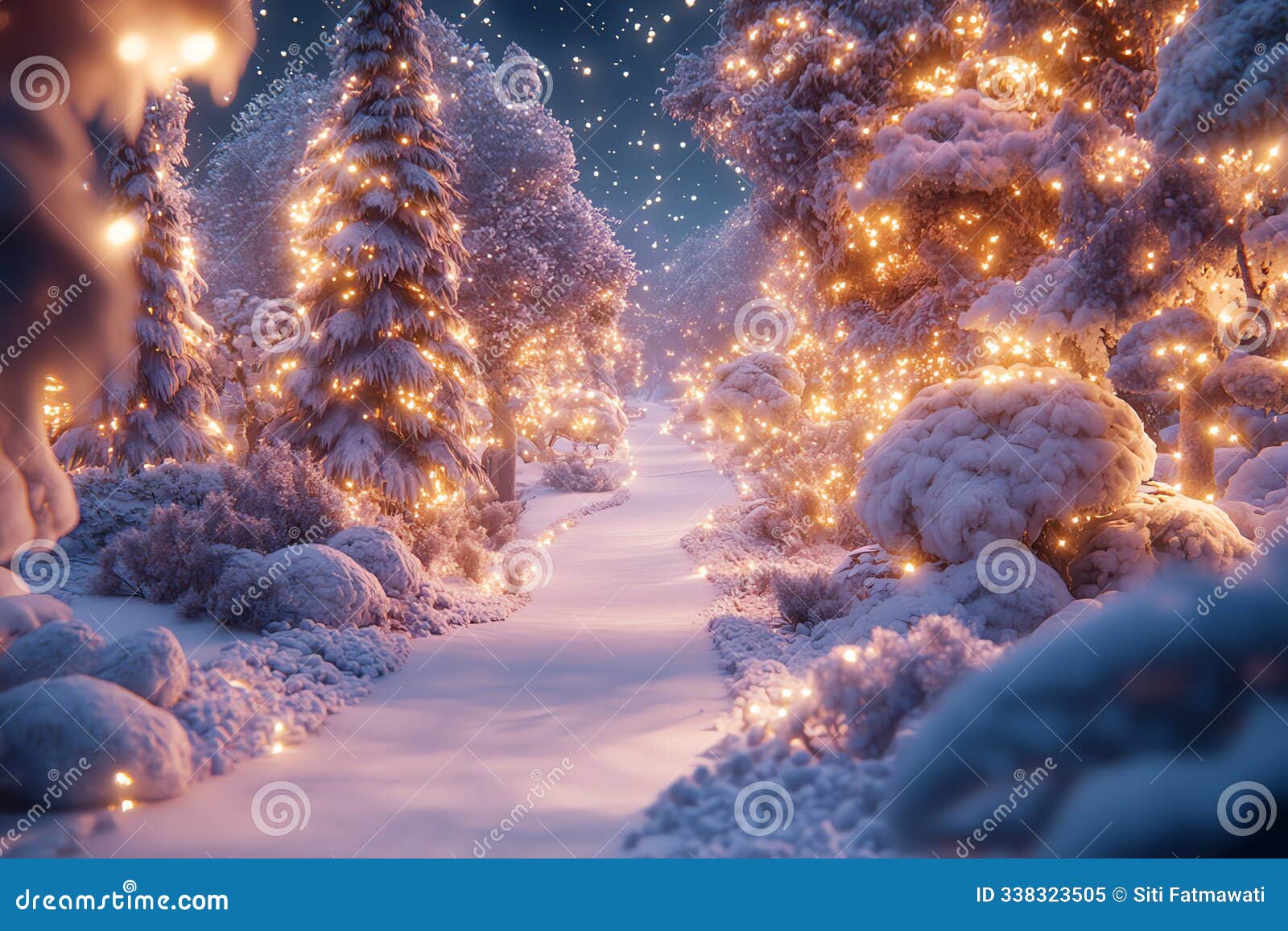 A Snowy Forest Path Lit by Fairy Lights at Night Stock Image - Image of ...