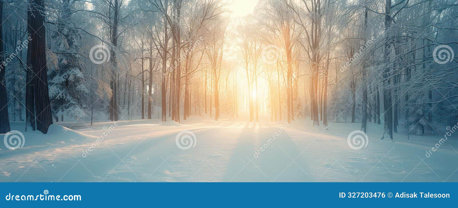 Snowy Forest Path with Sun Rays Shining through Trees Stock ...