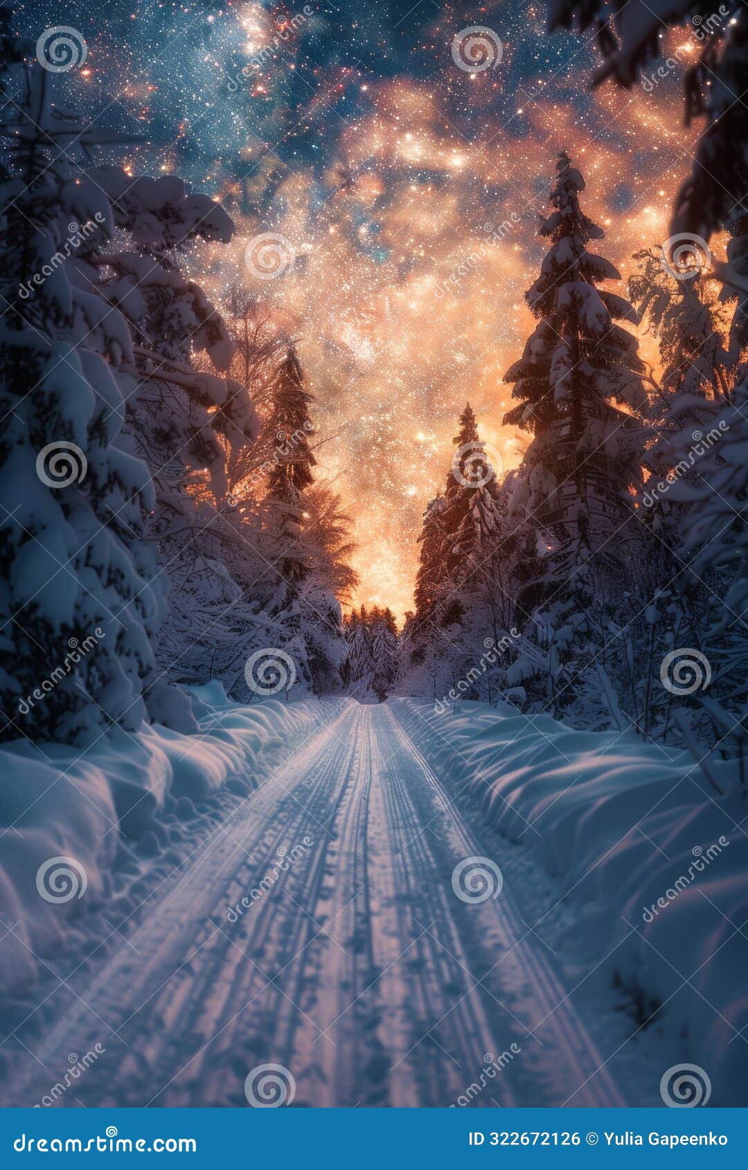 Snowy Forest Path Under a Starry Sky at Sunset Stock Photo - Image of ...