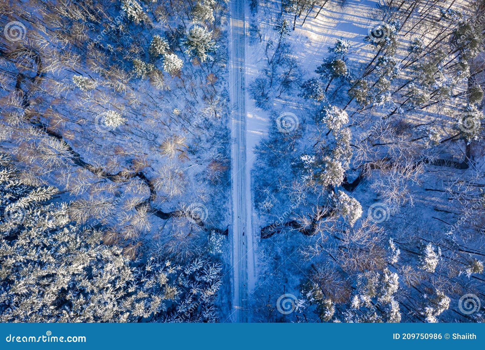 Snowy Forest and River at Winter, Aerial View Stock Photo - Image of ...