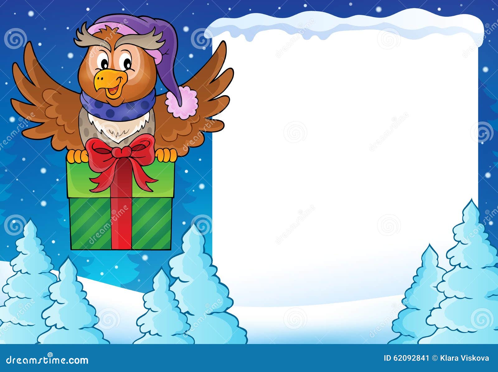 Snowy Frame with Owl and Gift Stock Vector - Illustration of cheerful ...