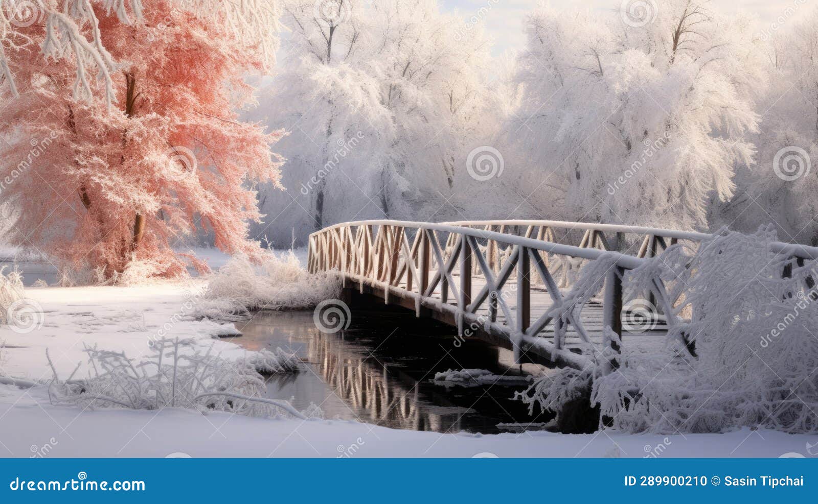 A Snowy, Frosty Winter Walking Bridge Stock Illustration - Illustration ...