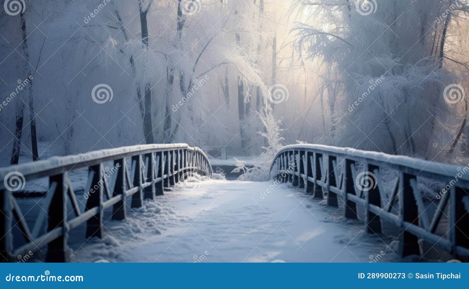 A Snowy, Frosty Winter Walking Bridge Stock Illustration - Illustration ...