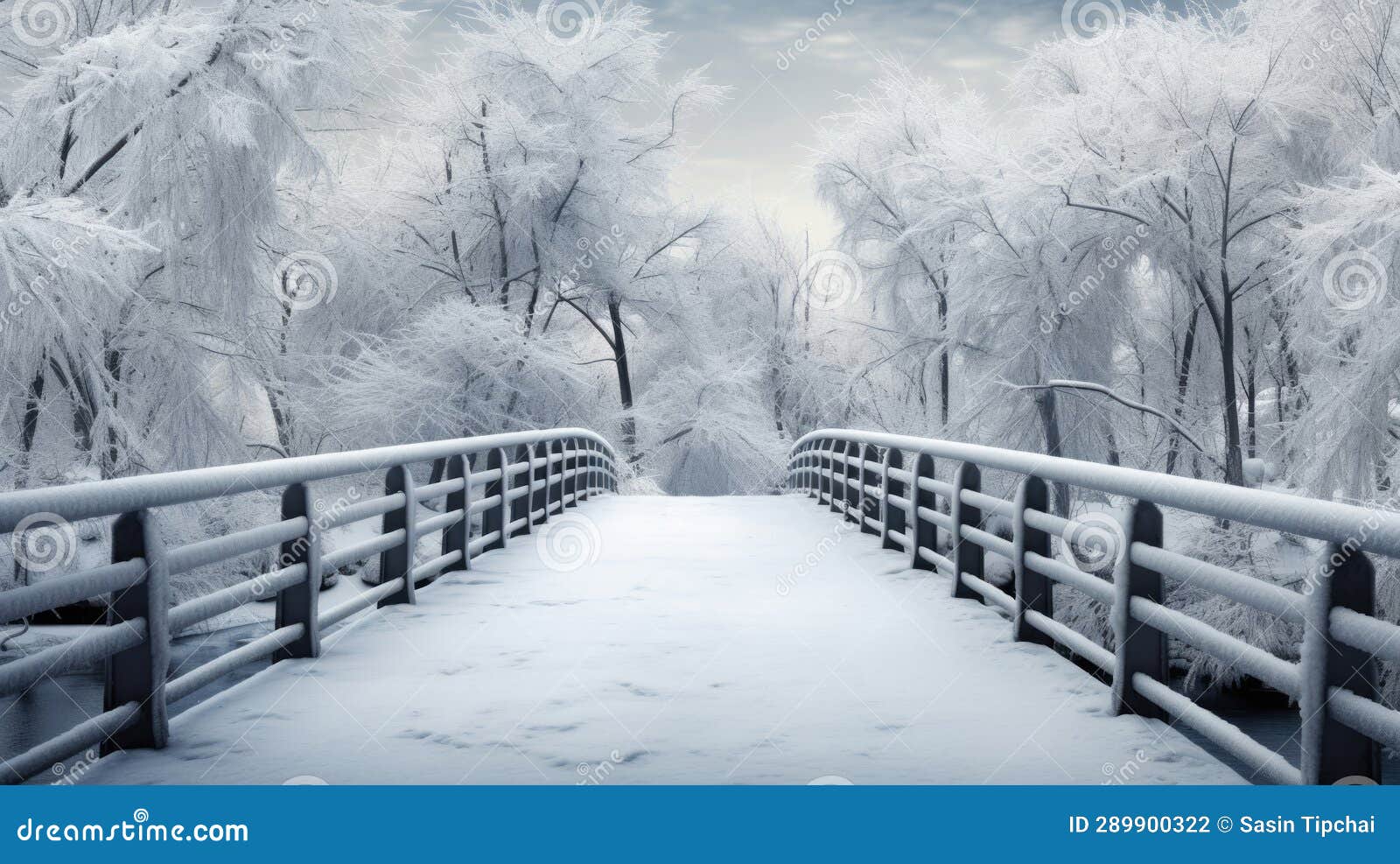 A Snowy, Frosty Winter Walking Bridge Stock Illustration - Illustration ...