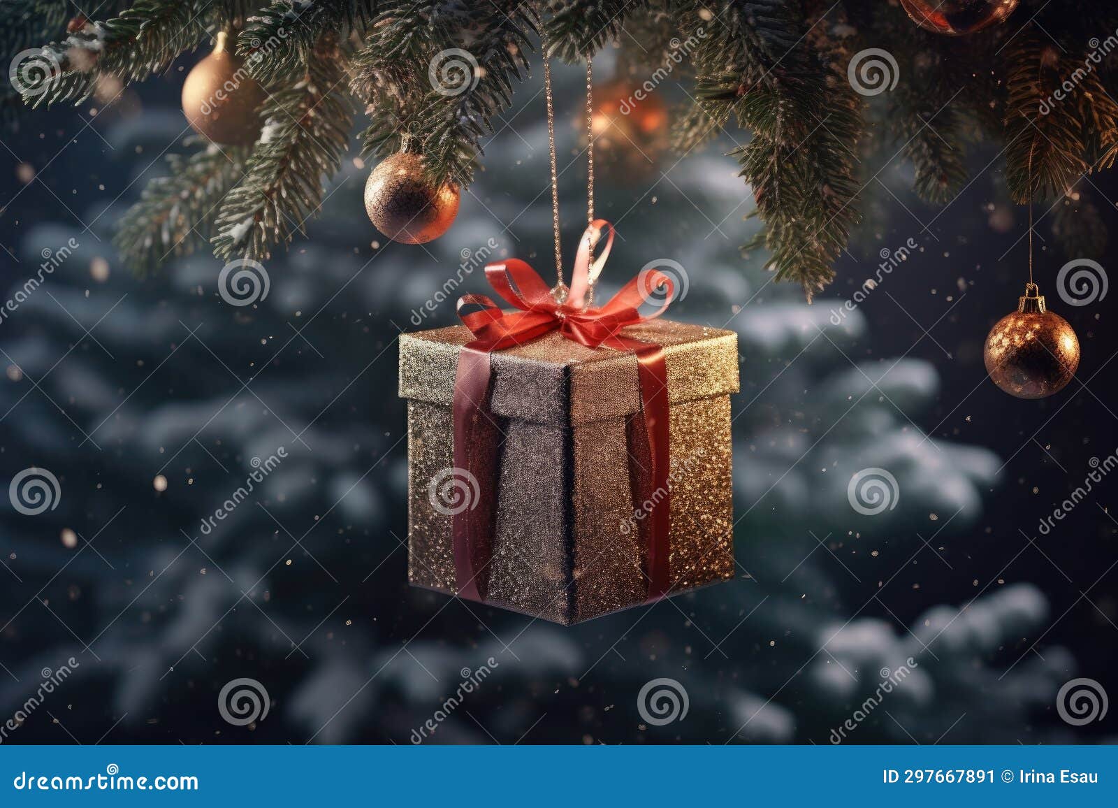 Snowy Gift Box with Golden Ribbon in Winter Setting Stock Image - Image ...