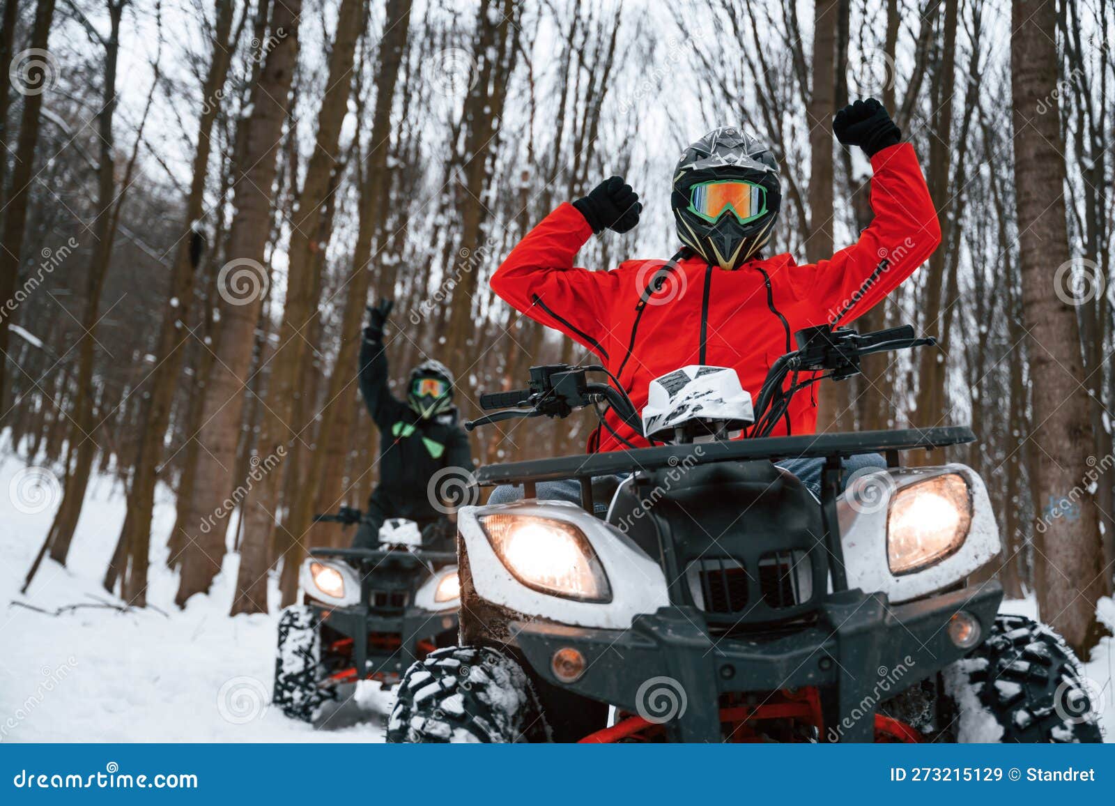 On the Snowy Ground. Two People are Riding ATV in the Winter Forest ...