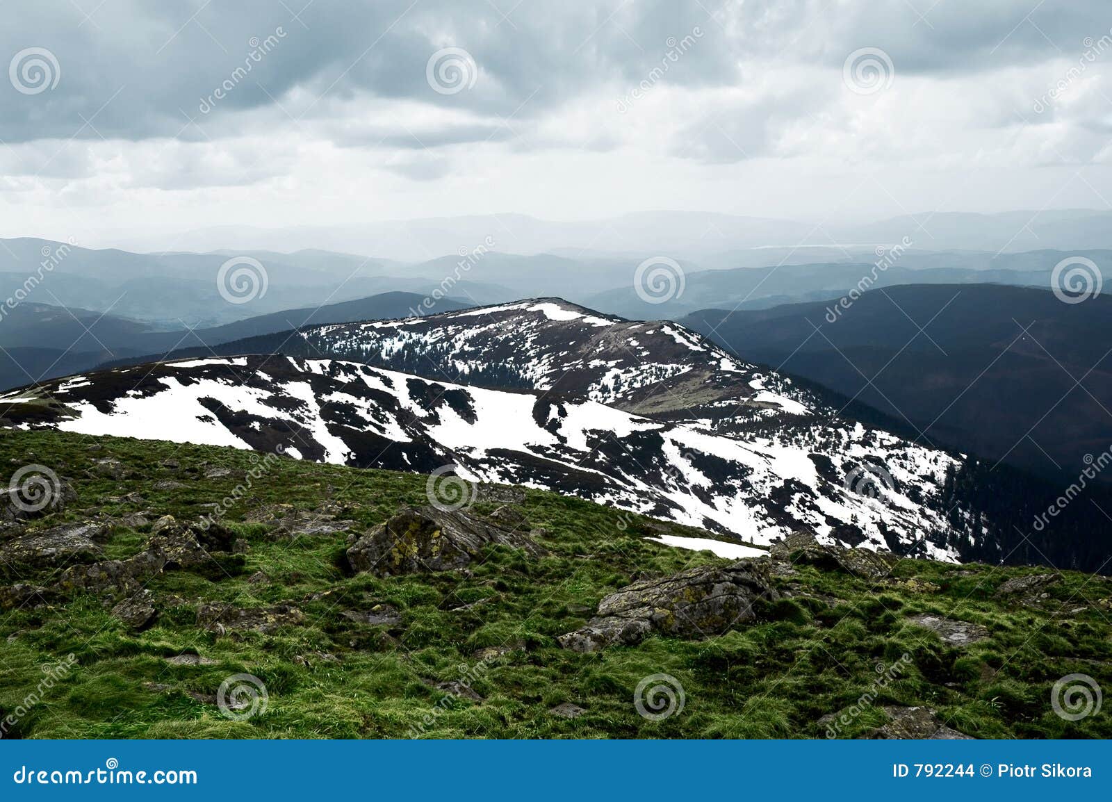 Snowy Hill Seen from Grassy Mountain Stock Photo - Image of rock ...
