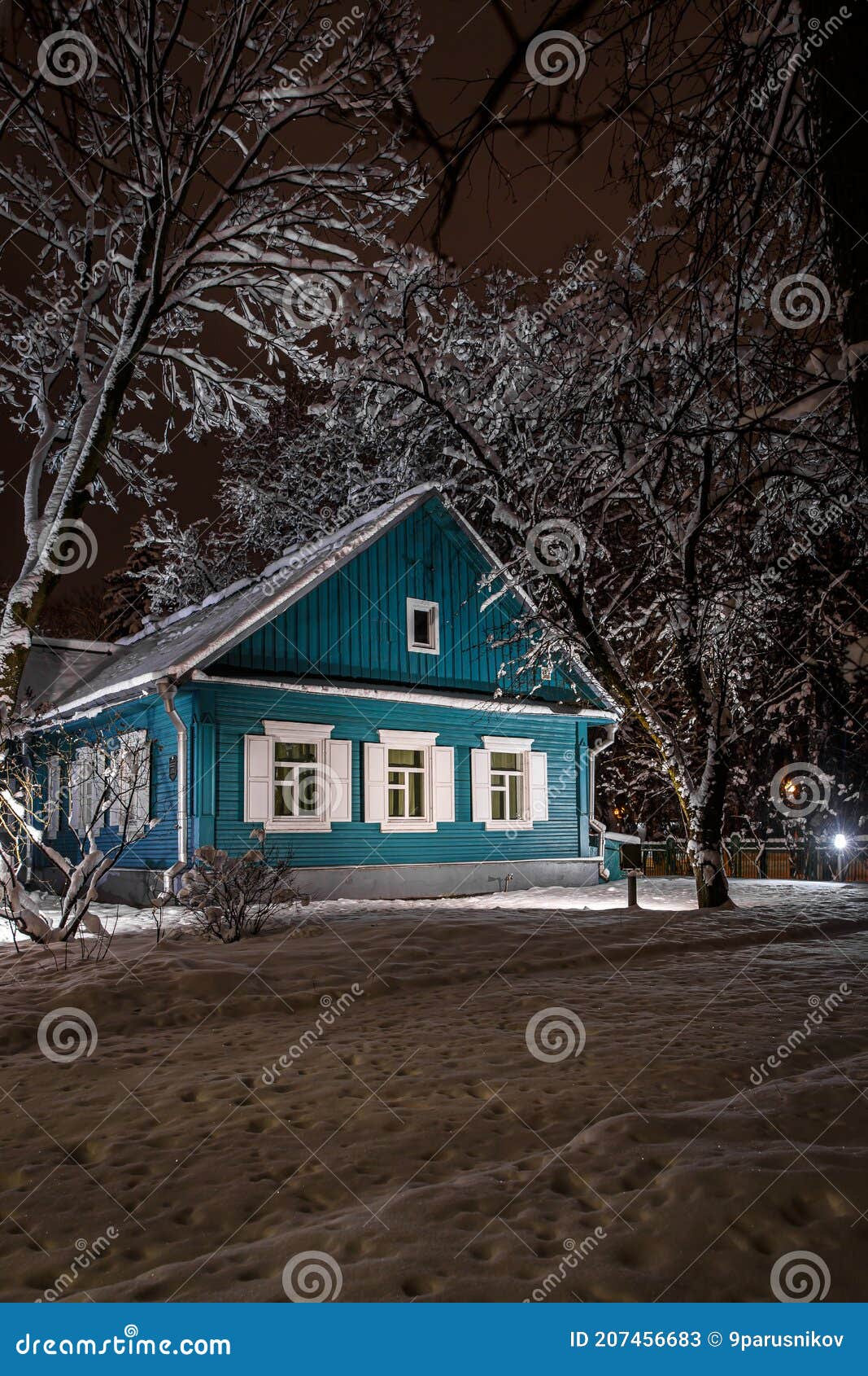 Snowy House in the Village. Winter at Night Stock Image - Image of ...
