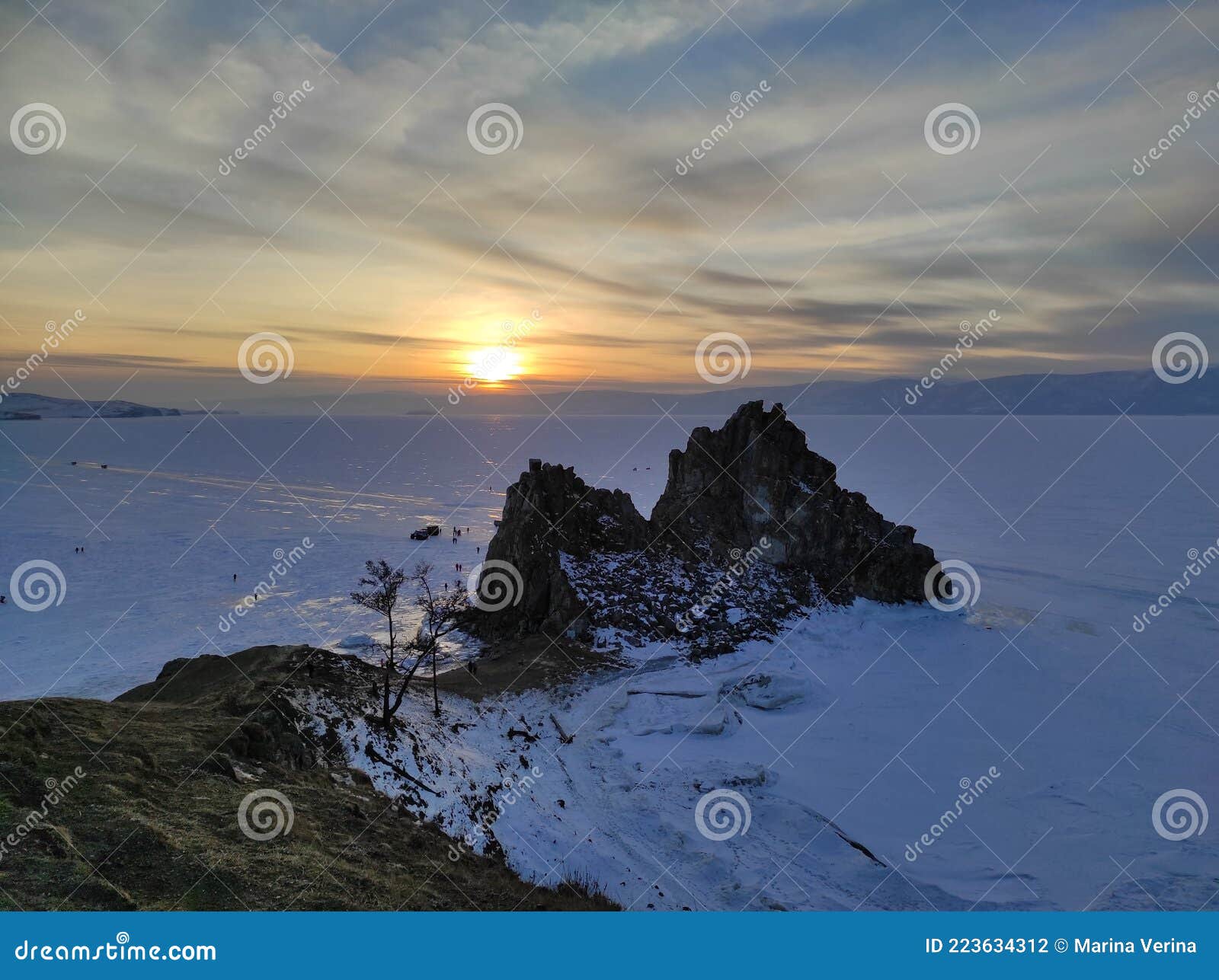 Snowy Lake with a Mountain at Sunset Stock Photo - Image of scenery ...