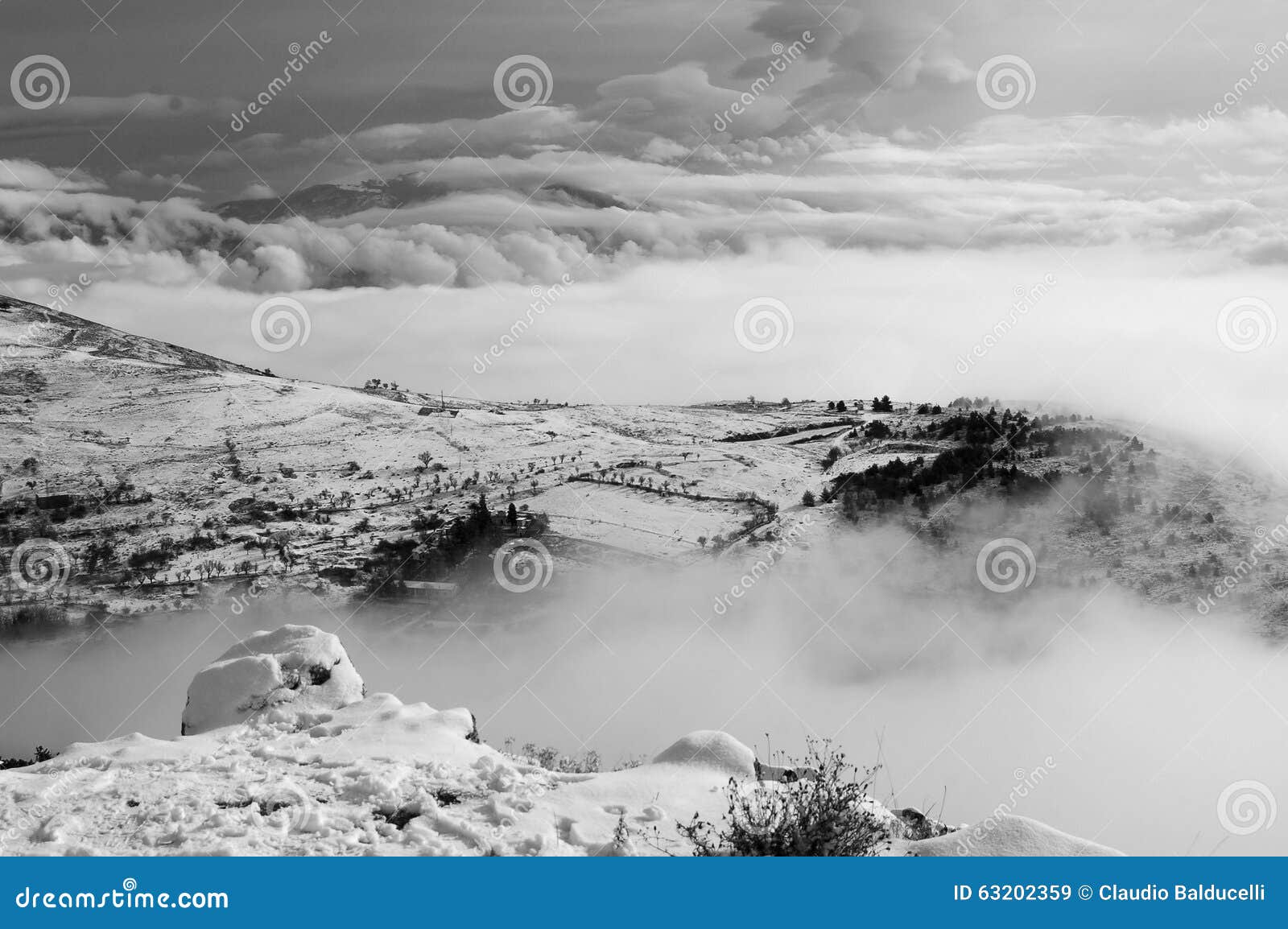 Snowy landscape with fog stock image. Image of clouds - 63202359