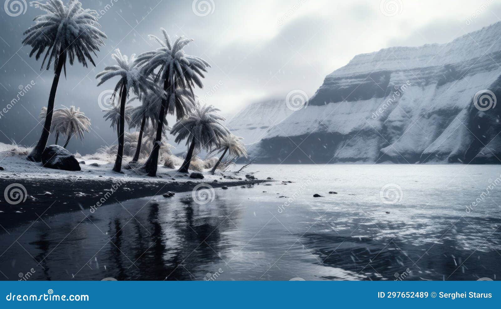 A Snowy Landscape with Palm Trees and Snow, AI Stock Image - Image of ...