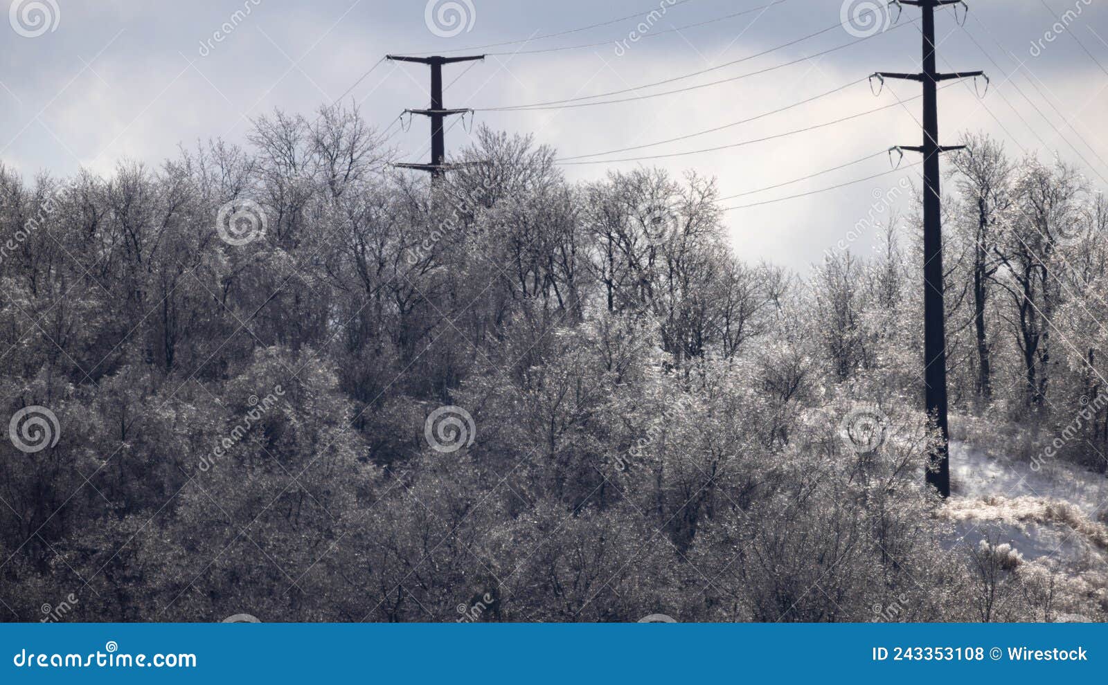 Snowy Landscape with Power Lines in Winter Stock Photo - Image of ...