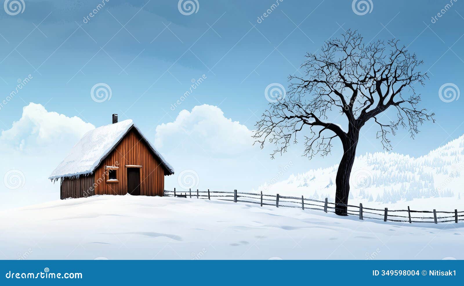 Snowy Landscape with a Rustic Cabin and Tree Stock Illustration ...