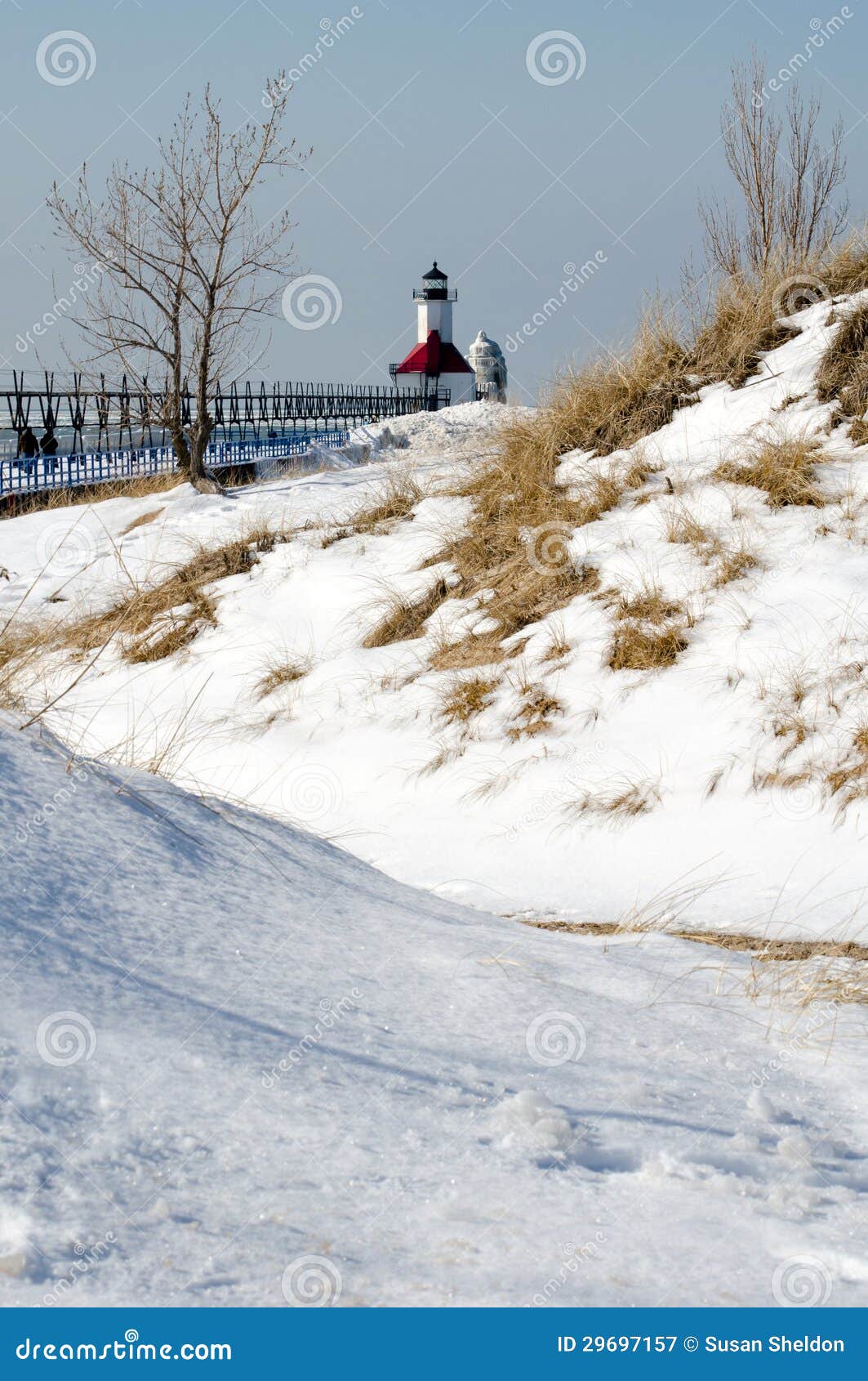 Snowy Light House in Michigan Stock Image - Image of people, america ...
