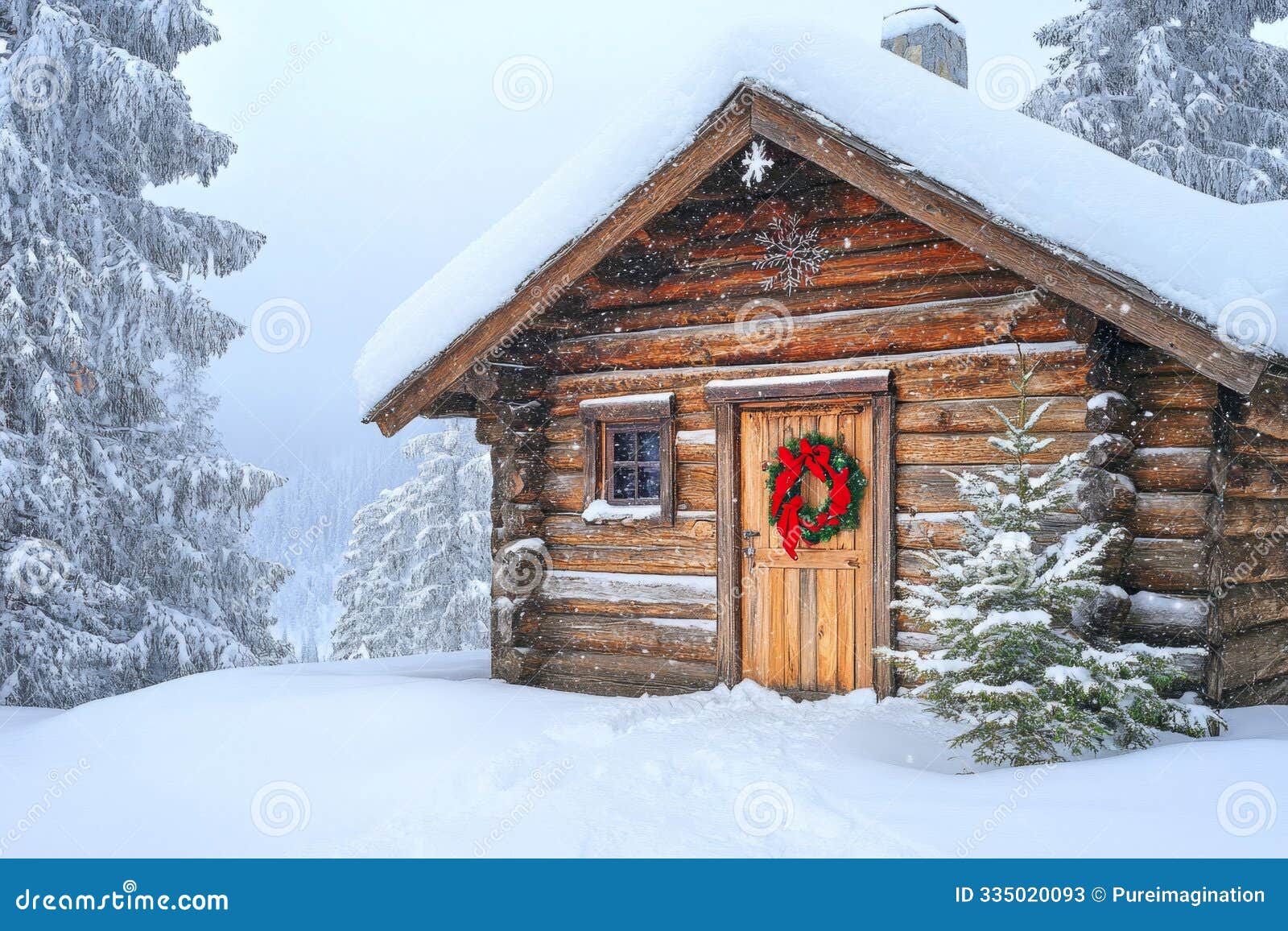 Snowy Log Cabin with Wreath and Evergreen Stock Image - Image of winter ...