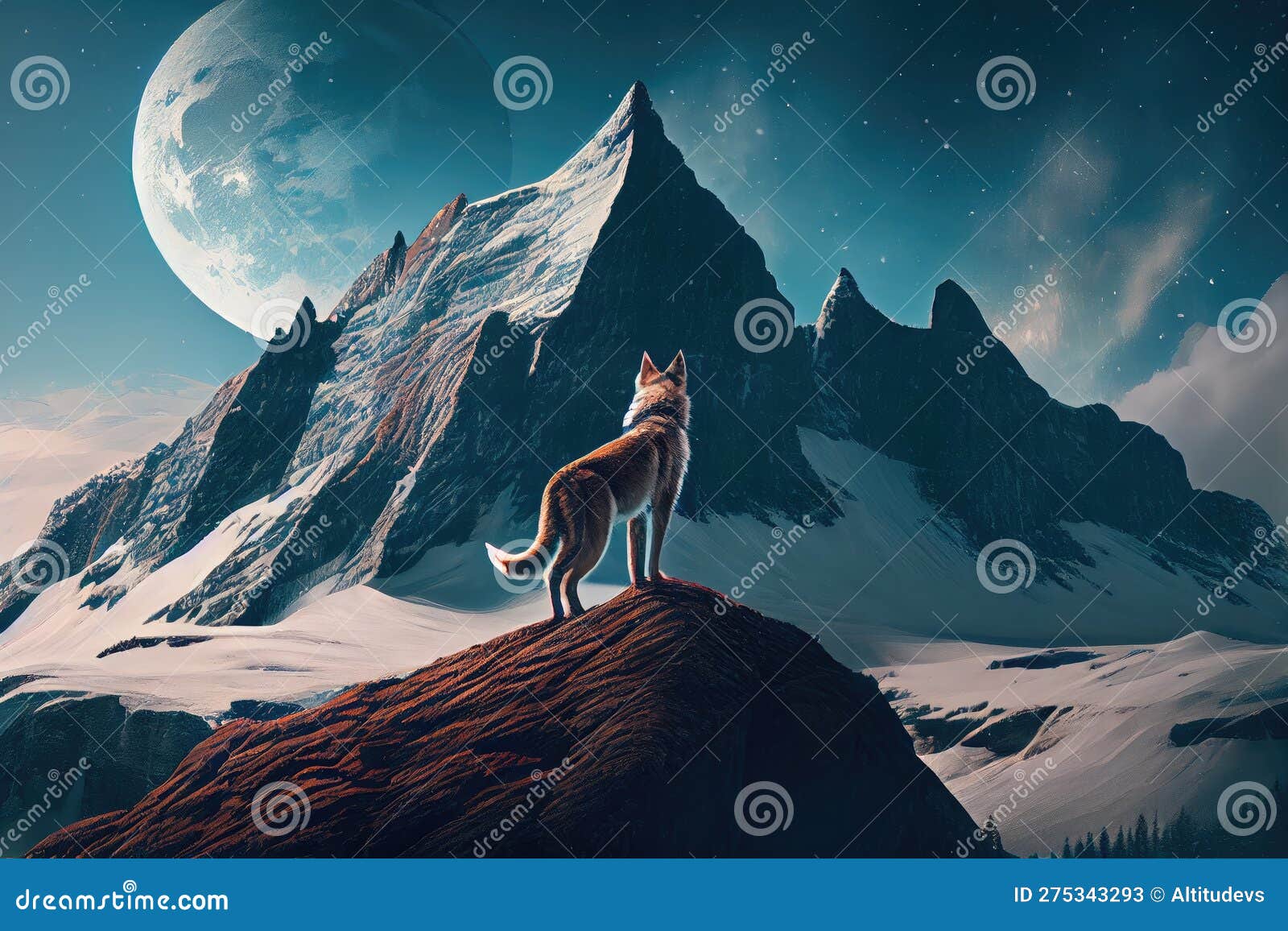 Snowy Mountain Peak, with Lone Wolf Gazing Down upon the World Stock ...