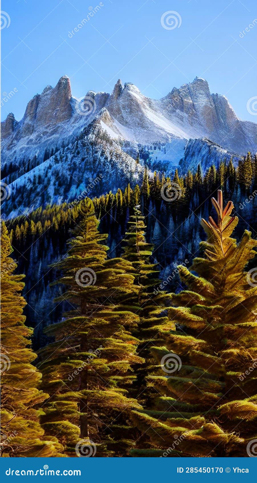 Snowy Mountain Peak with Pine Trees and Clear Sky Illustration Artificial Intelligence Artwork ...