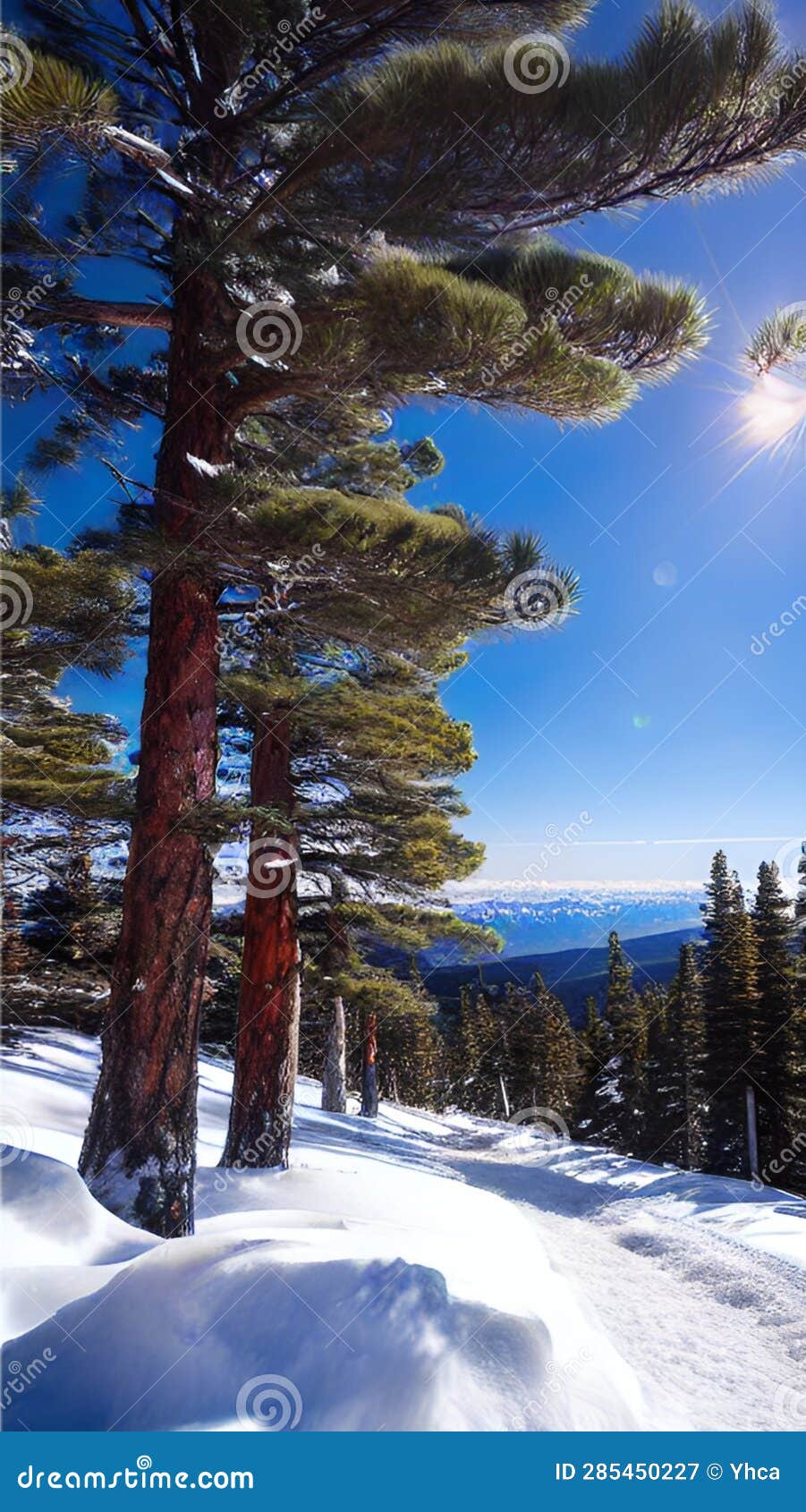 Snowy Mountain Peak with Pine Trees and Clear Sky Illustration Artificial Intelligence Artwork ...