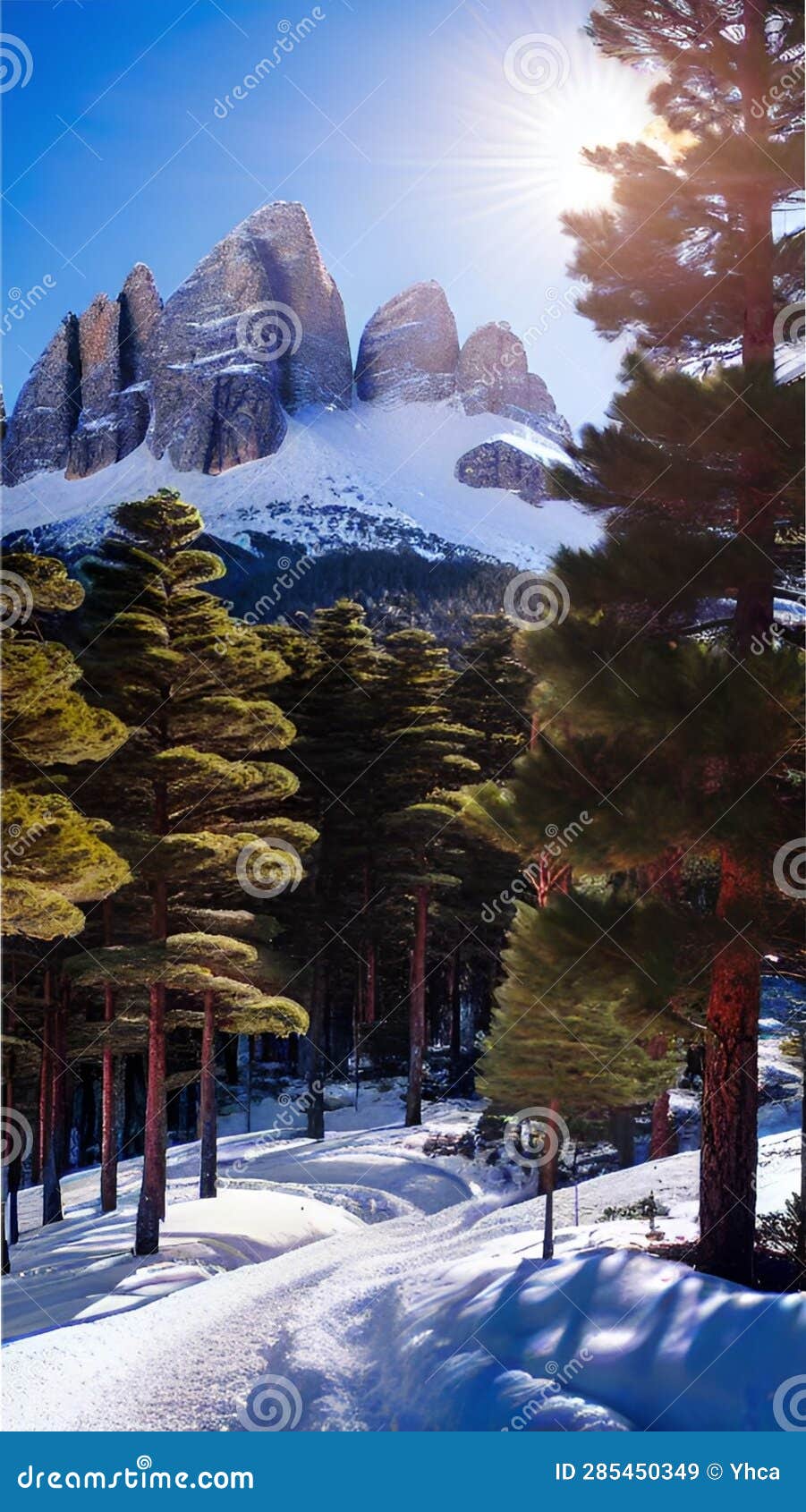 Snowy Mountain Peak with Pine Trees and Clear Sky Illustration Artificial Intelligence Artwork ...