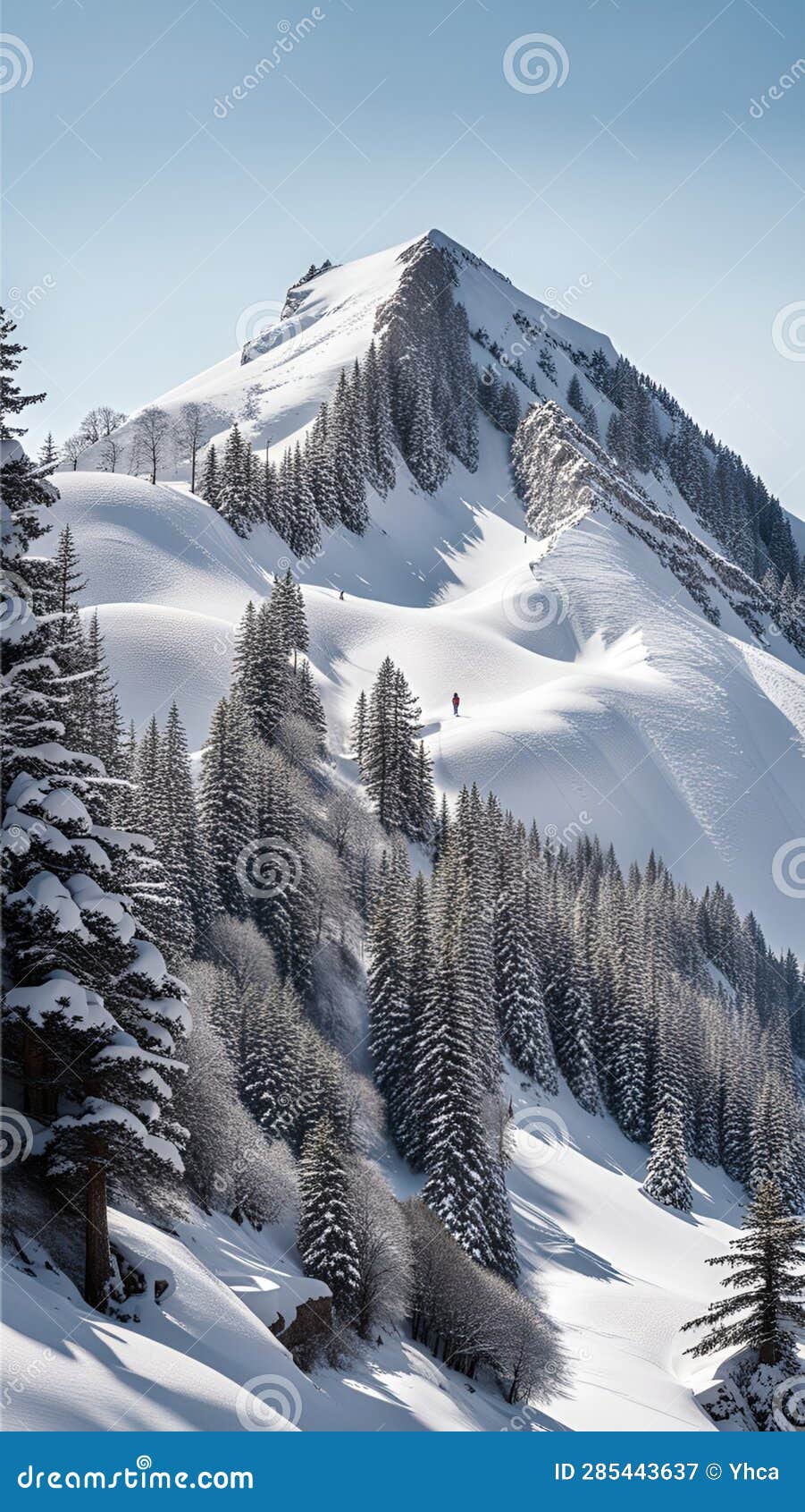 Snowy Mountain Peak with Pine Trees and Clear Sky Illustration Artificial Intelligence Artwork ...