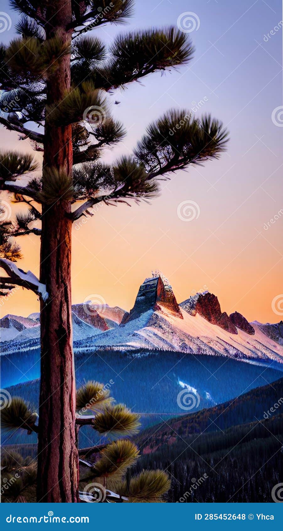 Snowy Mountain Peak with Pine Trees and Clear Sky at Sunset Illustration Artificial Intelligence ...