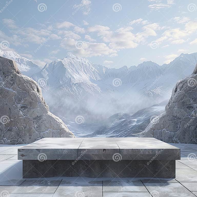 Snowy Mountain Peaks and Rectangular Stone Platform Stock Illustration ...