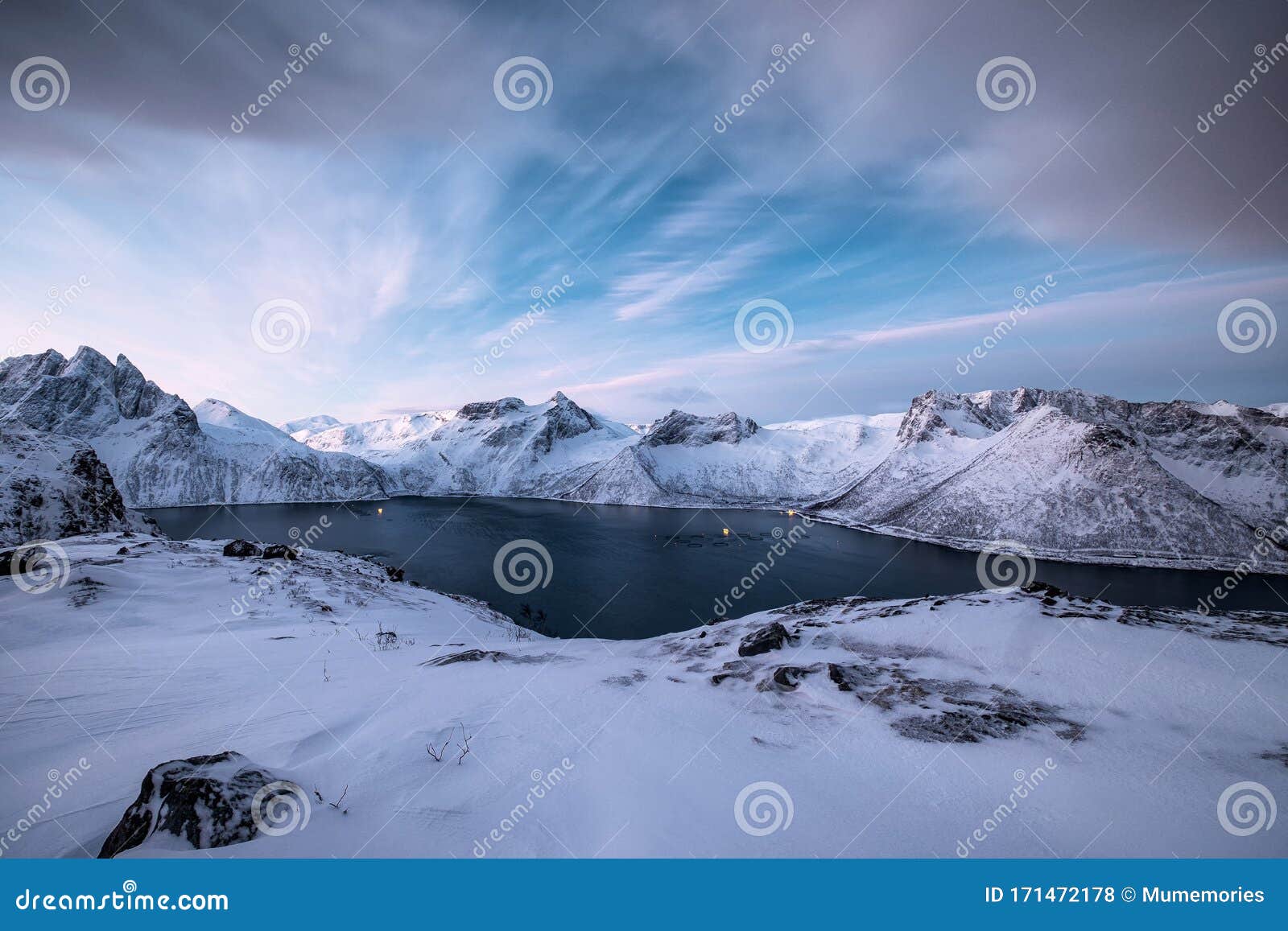 Snowy Mountain Range with Ocean in Arctic Circle at Segla Mount Stock ...
