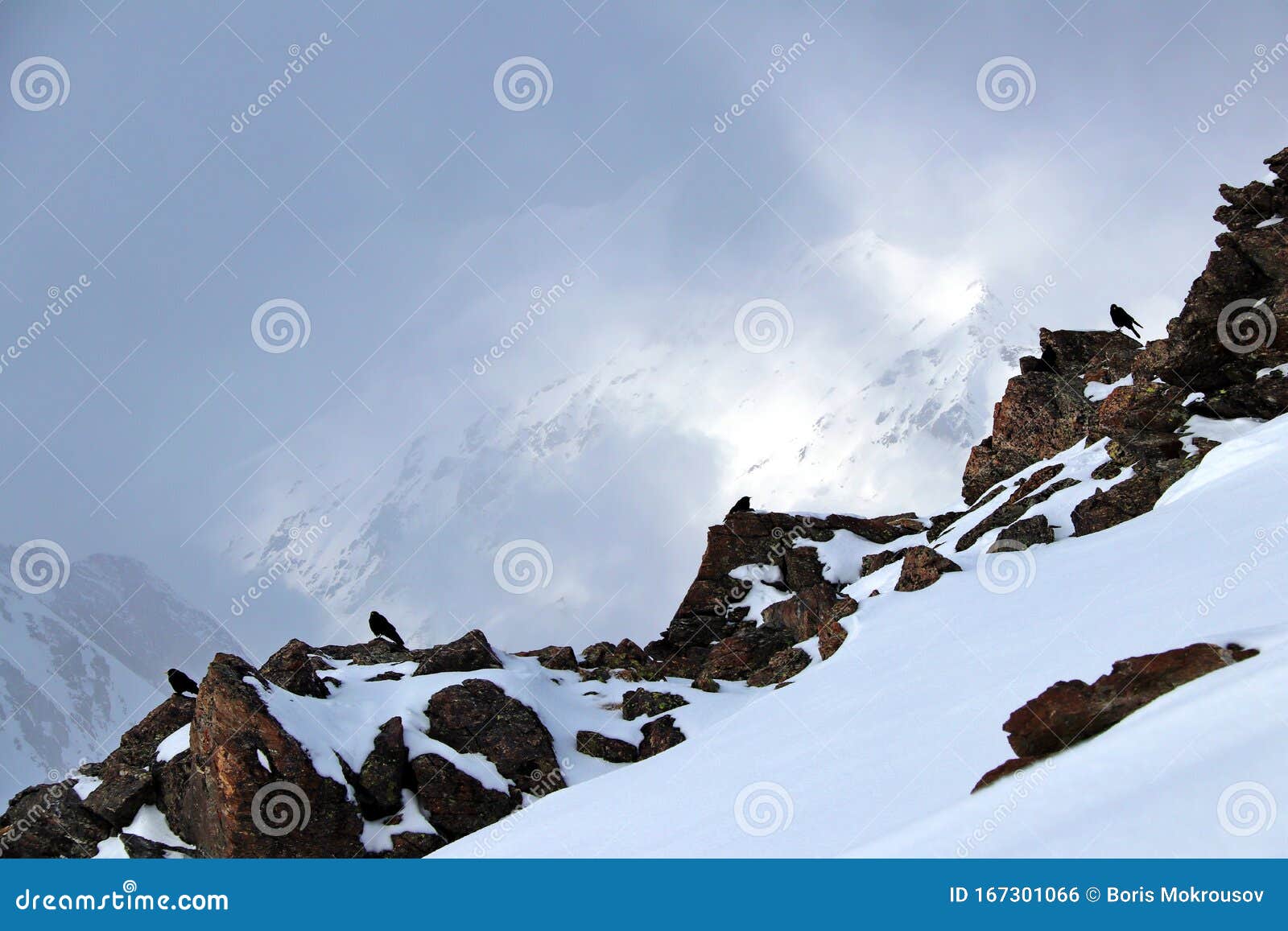 Snowy Mountain Side with Stones and Birds in the Clouds Stock Photo ...