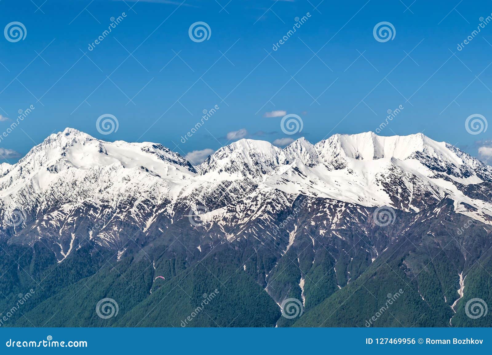 Snowy Mountain Tops with Clouds in the Blue Sky Stock Photo - Image of ...