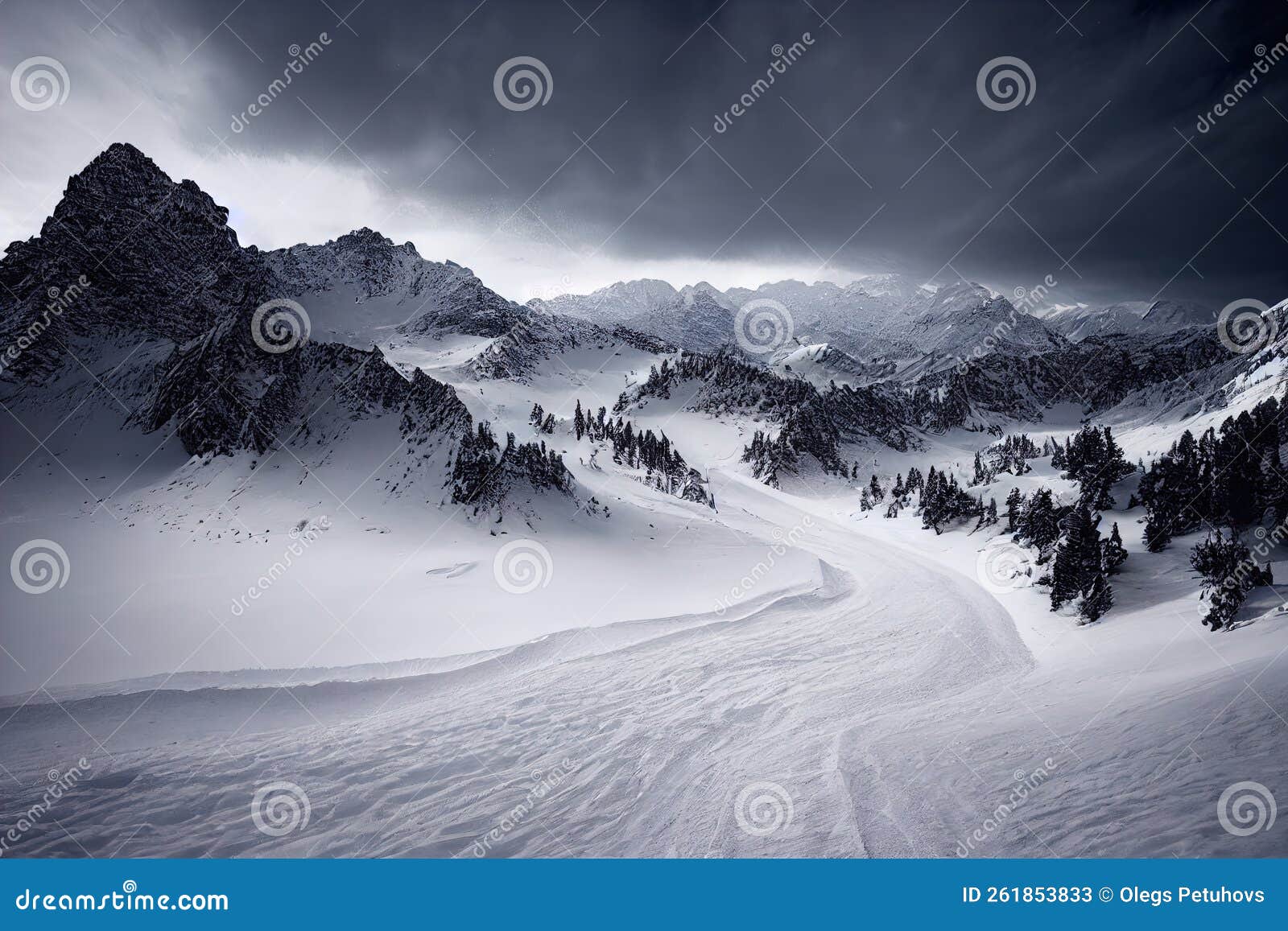 A Snowy Mountain with a Trail Going through it and a Dark Sky Above it ...