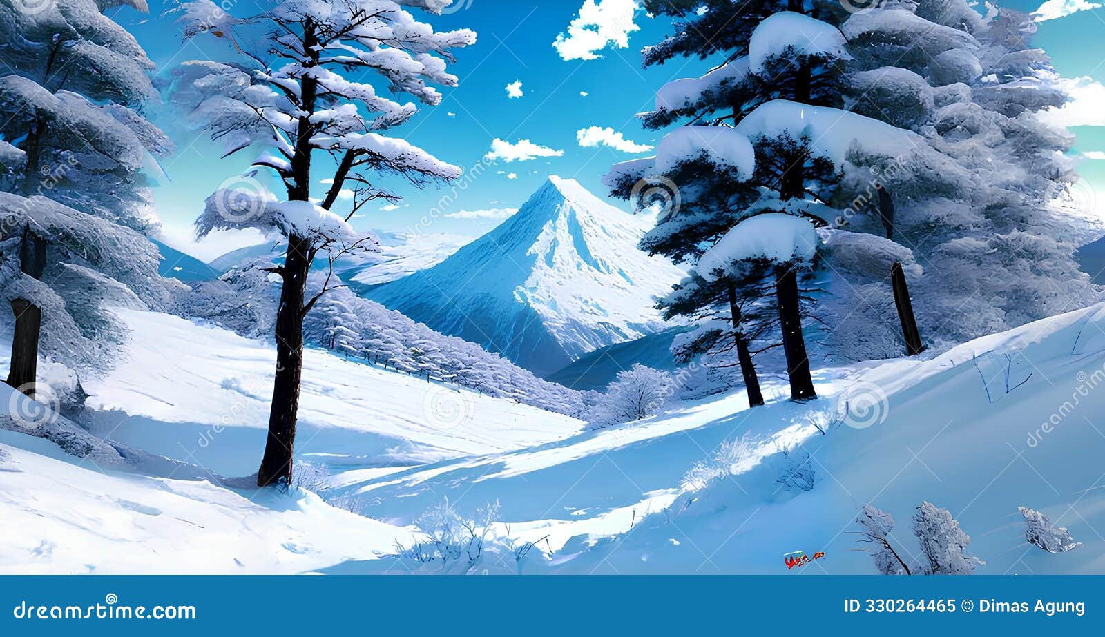 Snowy mountain and trees stock illustration. Illustration of landform ...