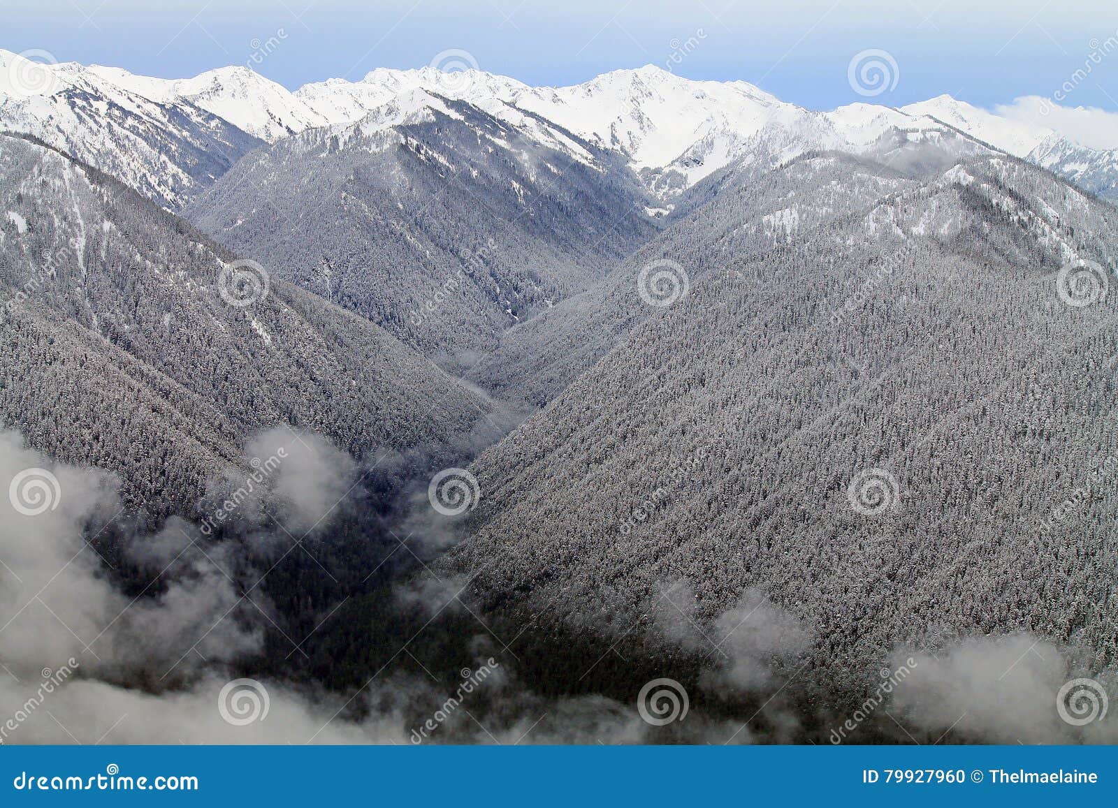 Snowy Mountain Valley with Clouds Stock Photo - Image of state ...