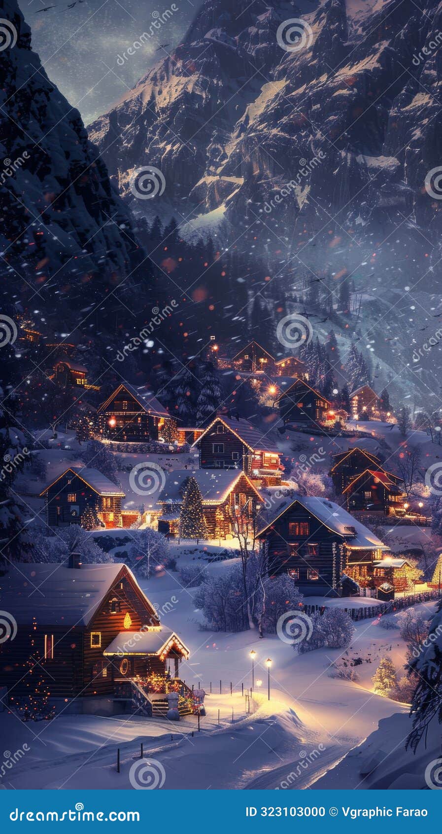 Snowy Mountain Village at Night with Illuminated Cabins Stock Photo ...