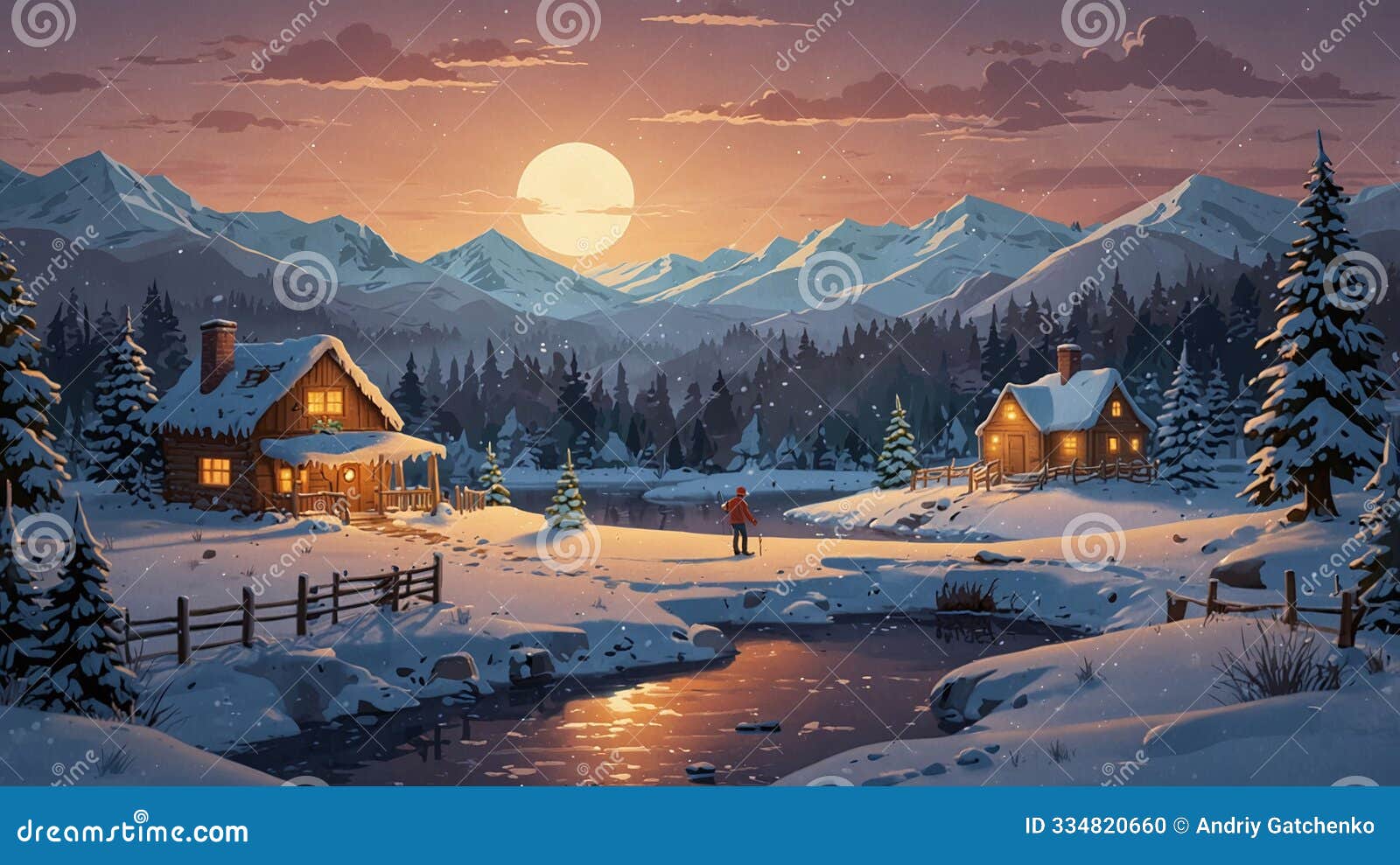 Snowy Mountain Village at Night with Log Cabins and Full Moon ...