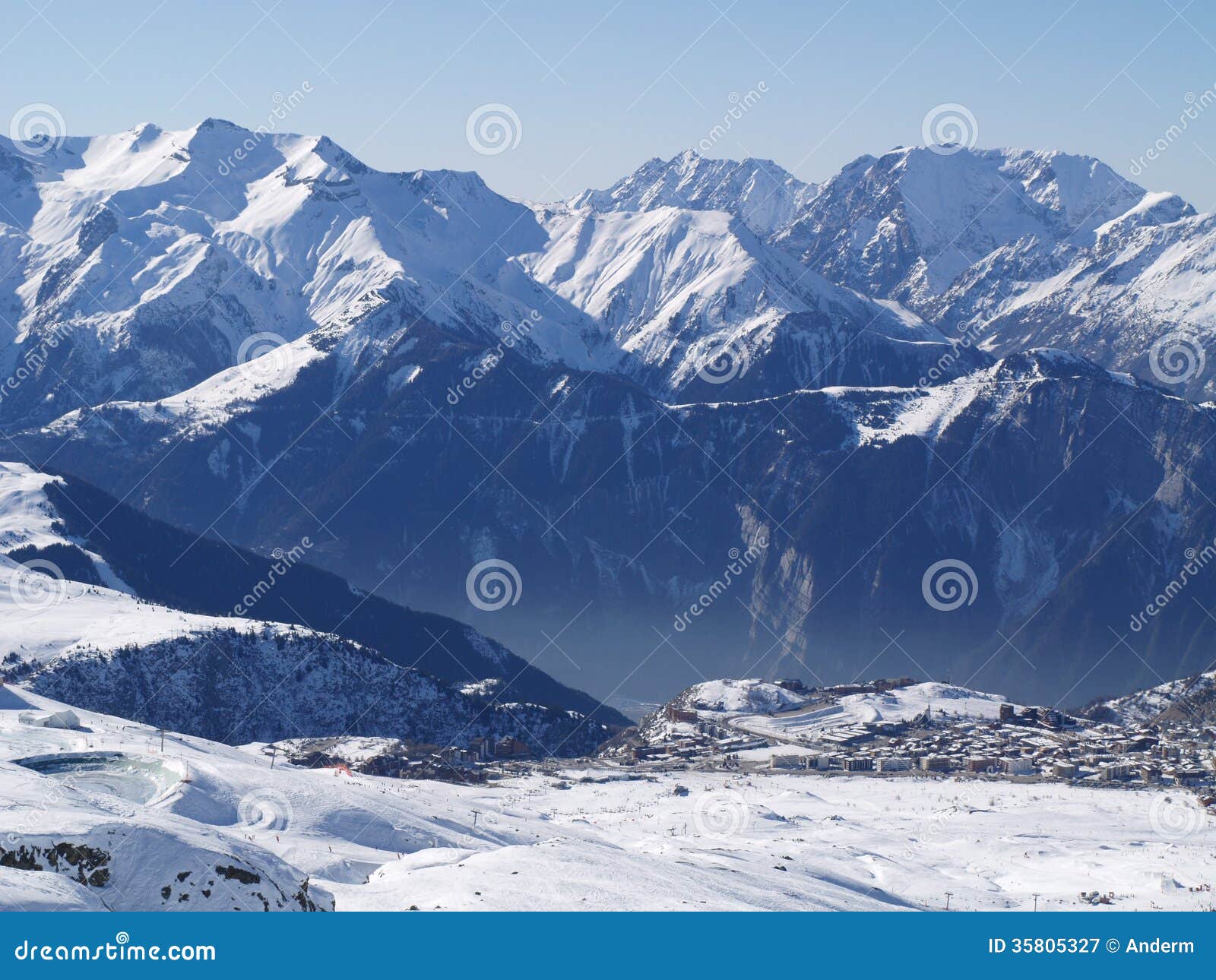 Snowy Mountains With Steep Slopes At Ski Resort Stock Photography ...