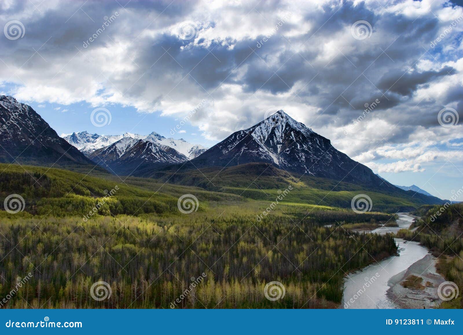 Snowy Mountains and River Landscape Stock Image - Image of summit ...