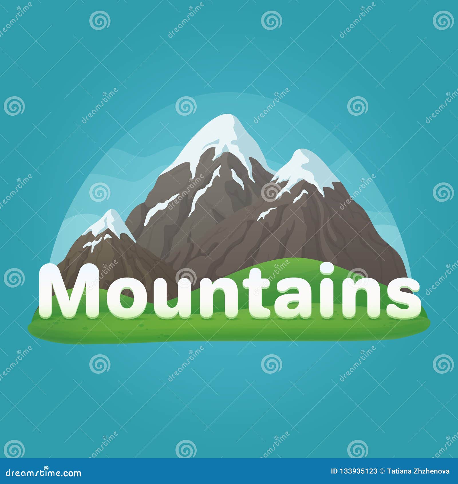 Snowy Mountains with Text, Green Hills and Simple Cloudy Sky on a Blue ...