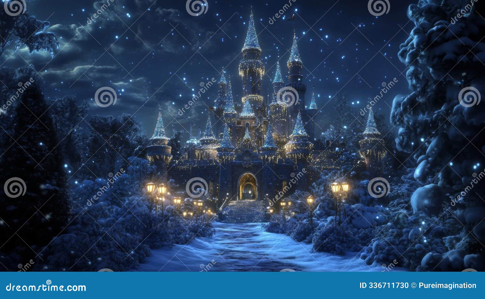 A Snowy Night at a Magical Castle Stock Illustration - Illustration of ...