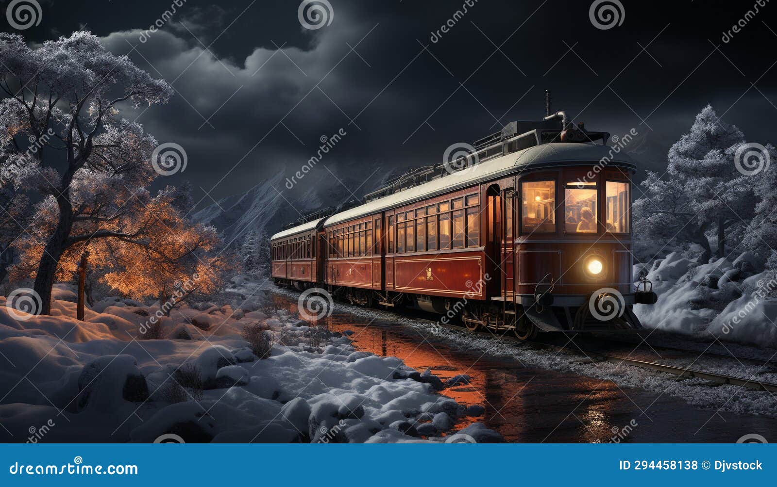A Snowy Night, a Steam Train Races through the Dark Forest Generated by ...