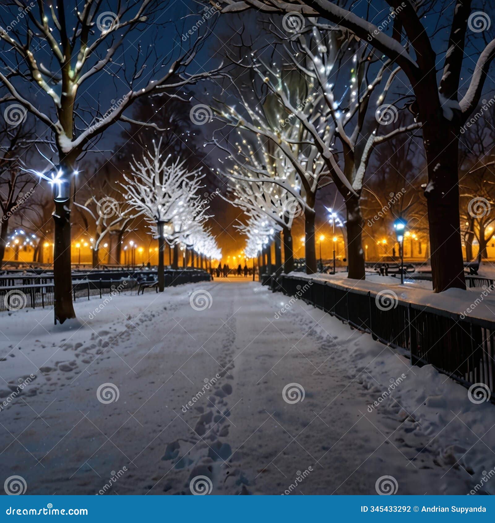 Snowy Night Walk, Illuminated Winter Pathway Stock Illustration ...