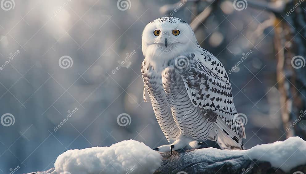 Snowy Owl Perching on Branch, Looking at Camera in Winter Stock ...
