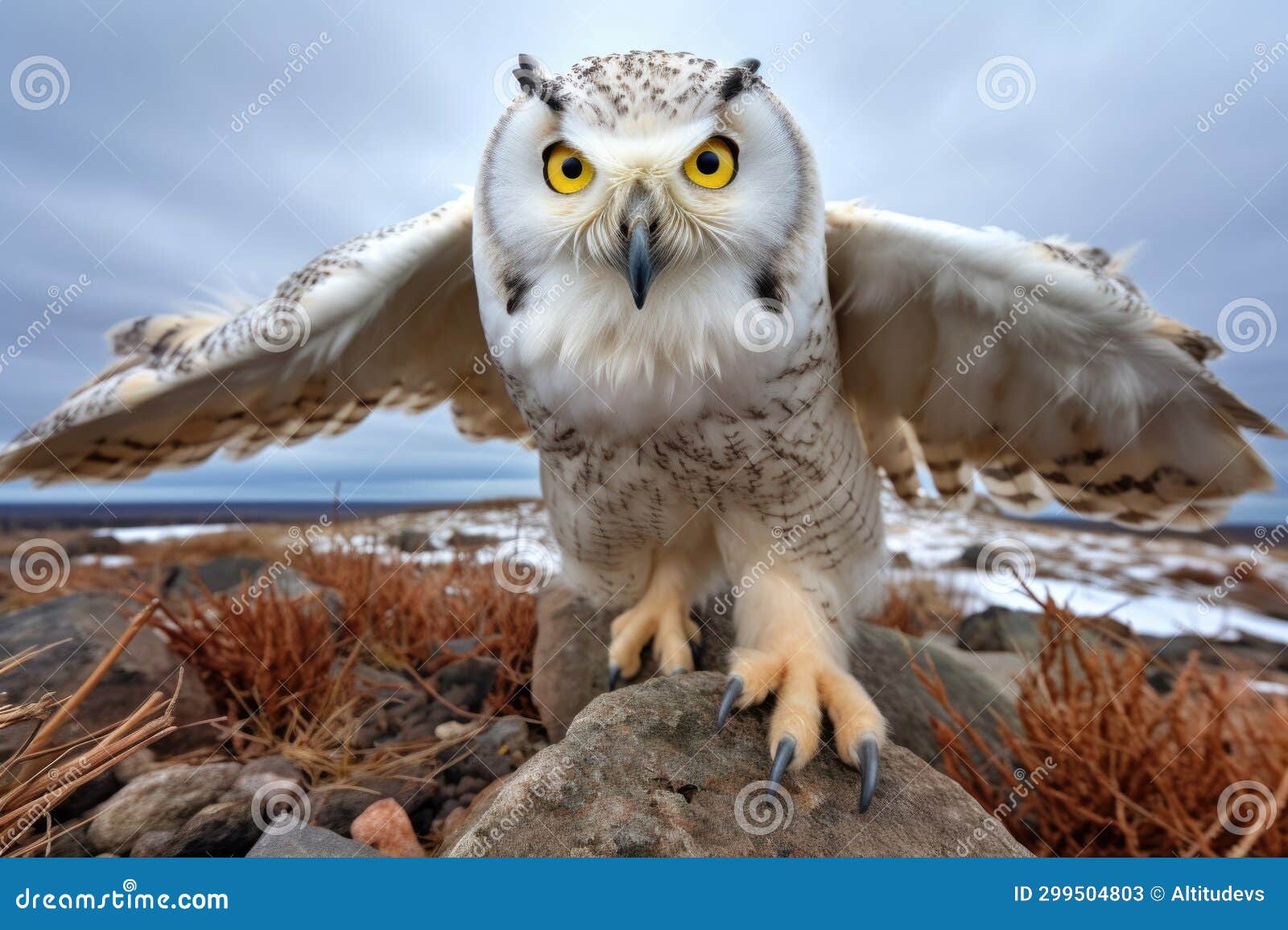 A Snowy Owl on a Tundra, Fish in Its Claws Stock Image - Image of ...